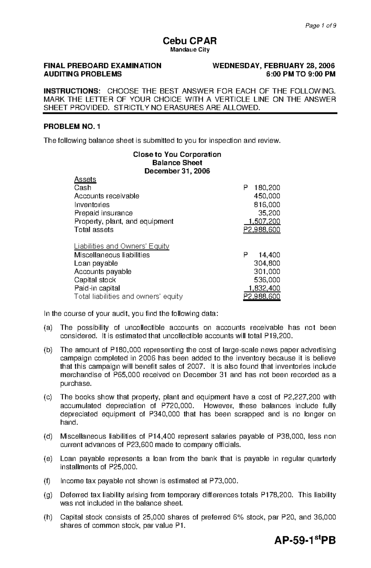 Ap-59-1stpb 5-06 - Ap-59-1stpb 5-06 - st Cebu CPAR Mandaue City FINAL PREBOARD EXAMINATION - Studocu