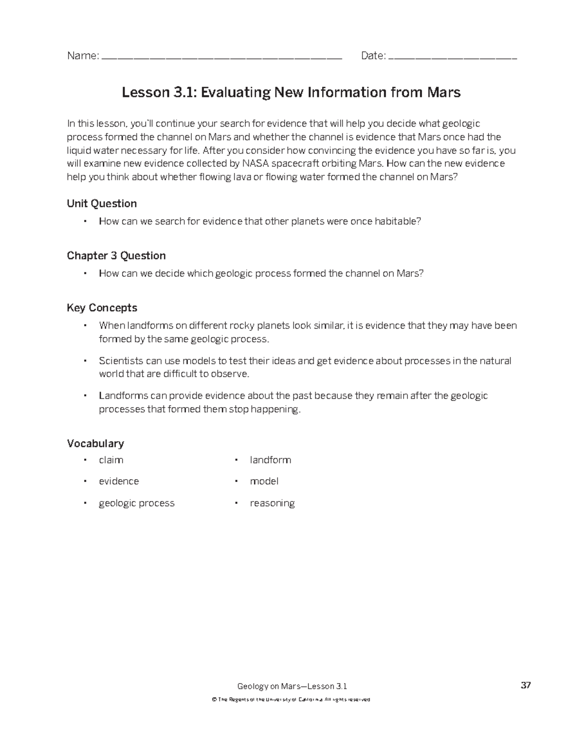 GOM Investigation Notebook Pages 37-40 NA18 - Geology on Mars—Lesson 3 ...