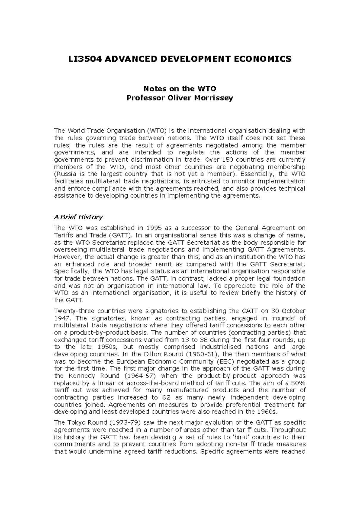WTO Notes - LI35 04 ADVANCED DEVELOPMENT ECONOMICS Notes on the WTO ...