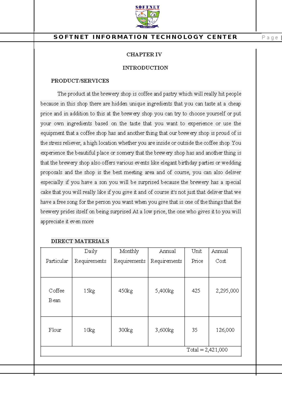 Chapter-4 - CHAPTER IV INTRODUCTION PRODUCT/SERVICES The product at the brewery shop is coffee ...
