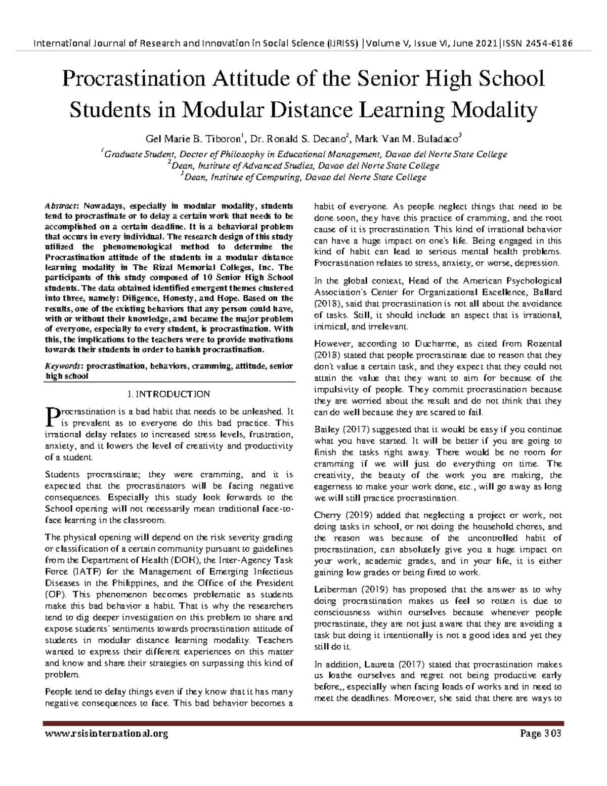 Procrastination Attitude of the Senior H - Tiboron 1 , Dr. Ronald S ...