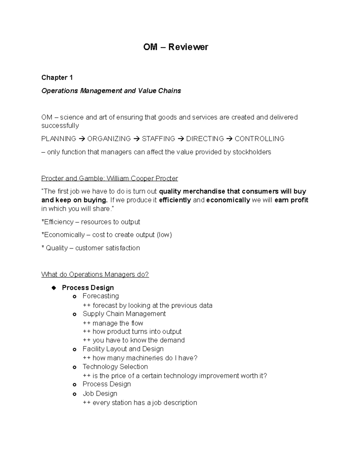 OM - Reviewer (Chapter 1 -4) - OM – Reviewer Chapter 1 Operations ...