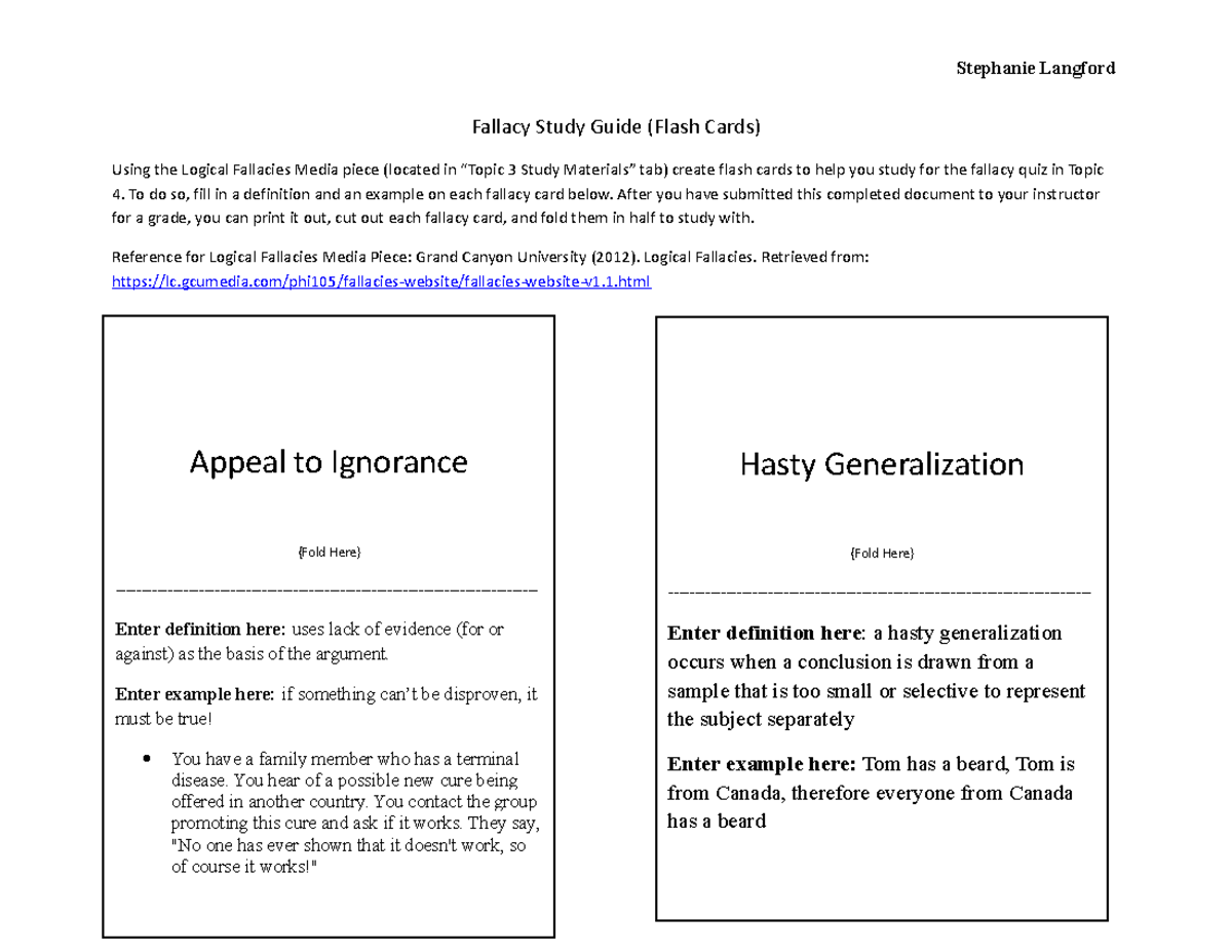 PHI105 Fallacy Study Guide - Fallacy Study Guide (Flash Cards) Using ...
