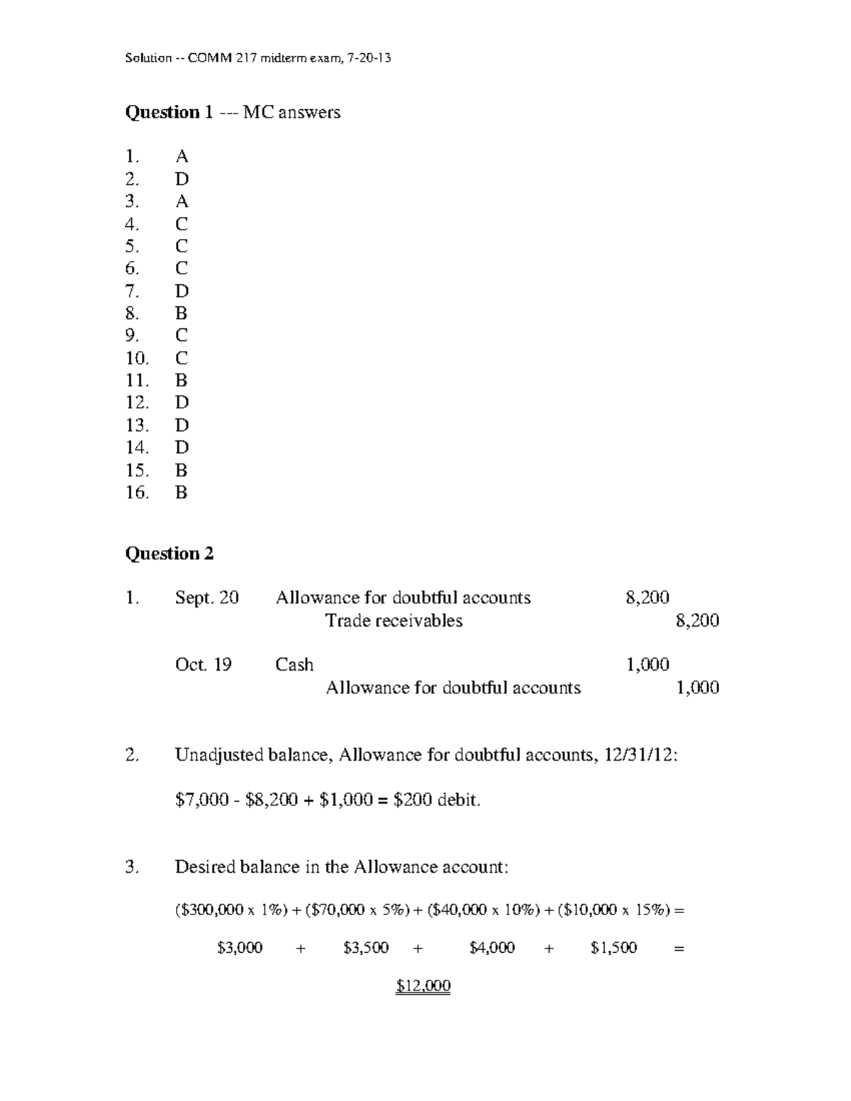 COMM 217 Midterm Solution - Question 1 - MC answers A D A C C C D B C C ...
