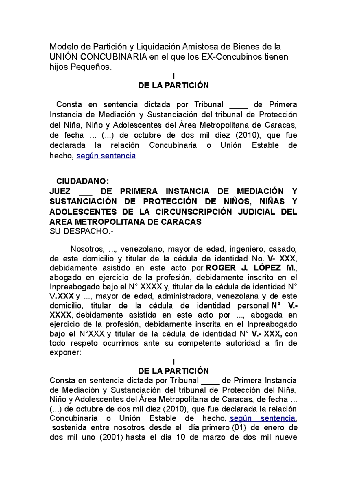 Modelo de Partición y Liquidación Amistosa de Bienes de la Unión ...