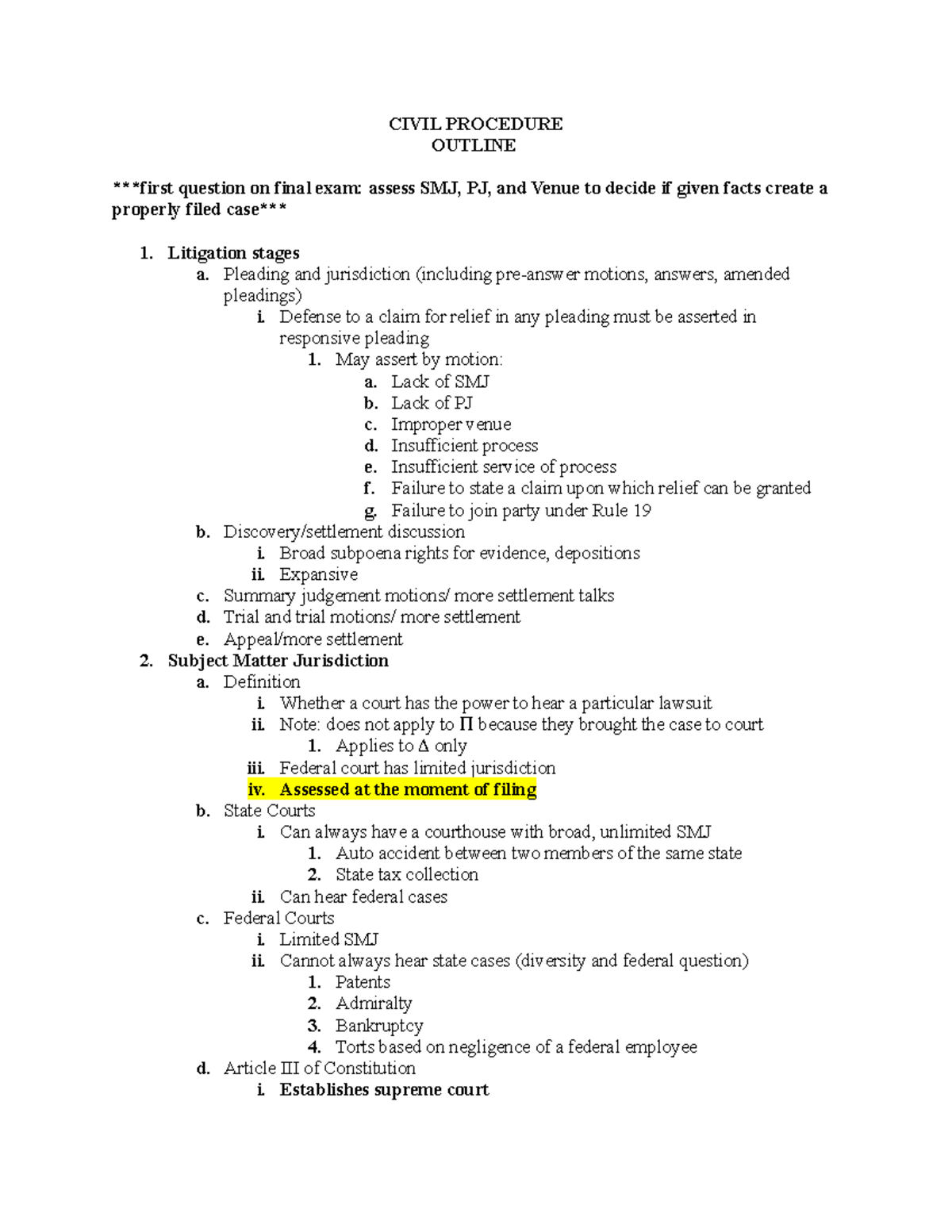 Civil Procedure Outline - CIVIL PROCEDURE OUTLINE first question on ...