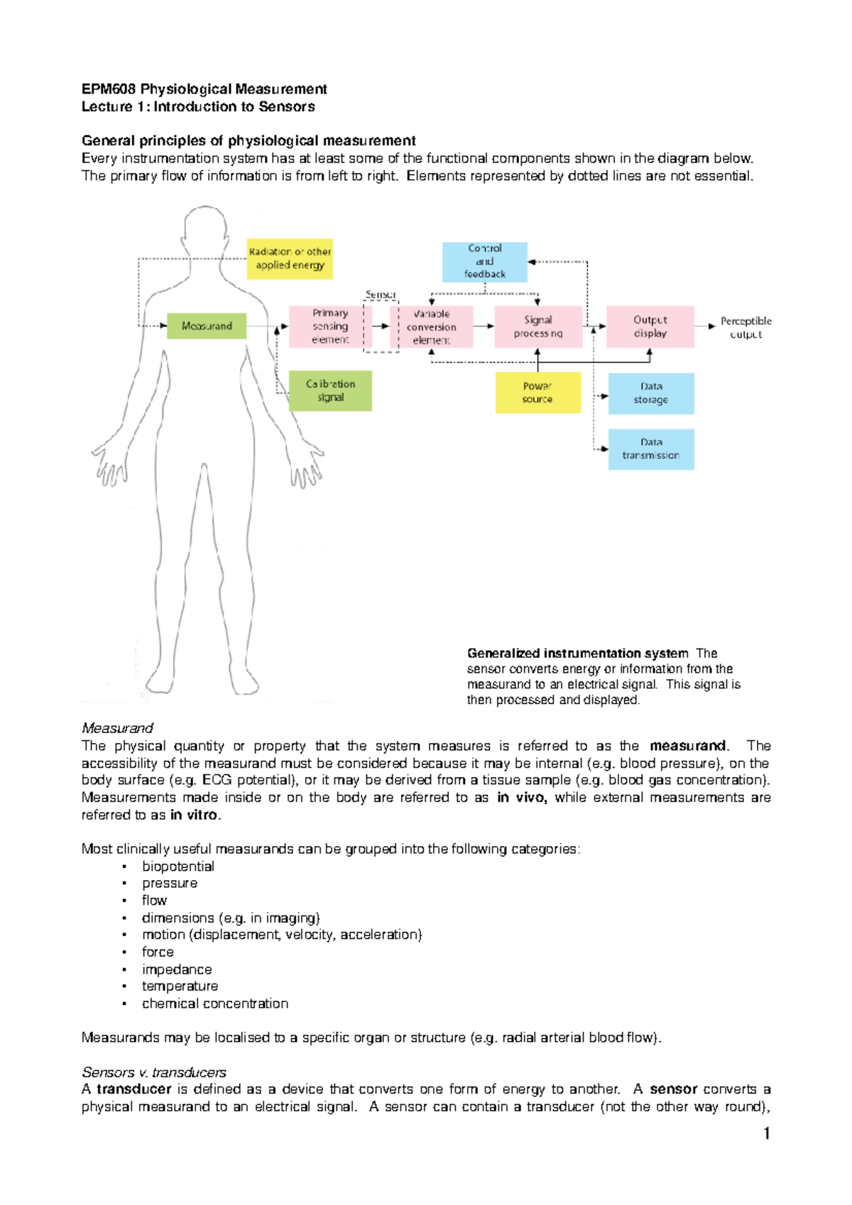 Lecture 1 - Introduction to Sensors - EPM608 Physiological Measurement Lecture 1: Introduction ...