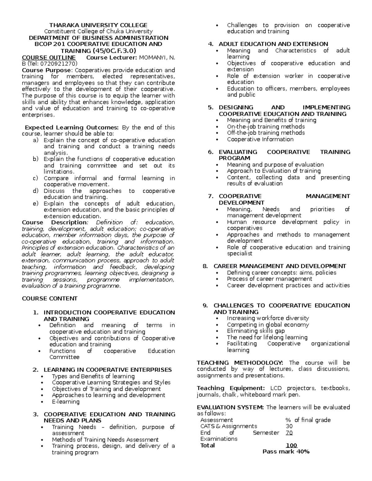 BCOP 201 Coop Educ&Training Outline - THARAKA UNIVERSITY COLLEGE ...