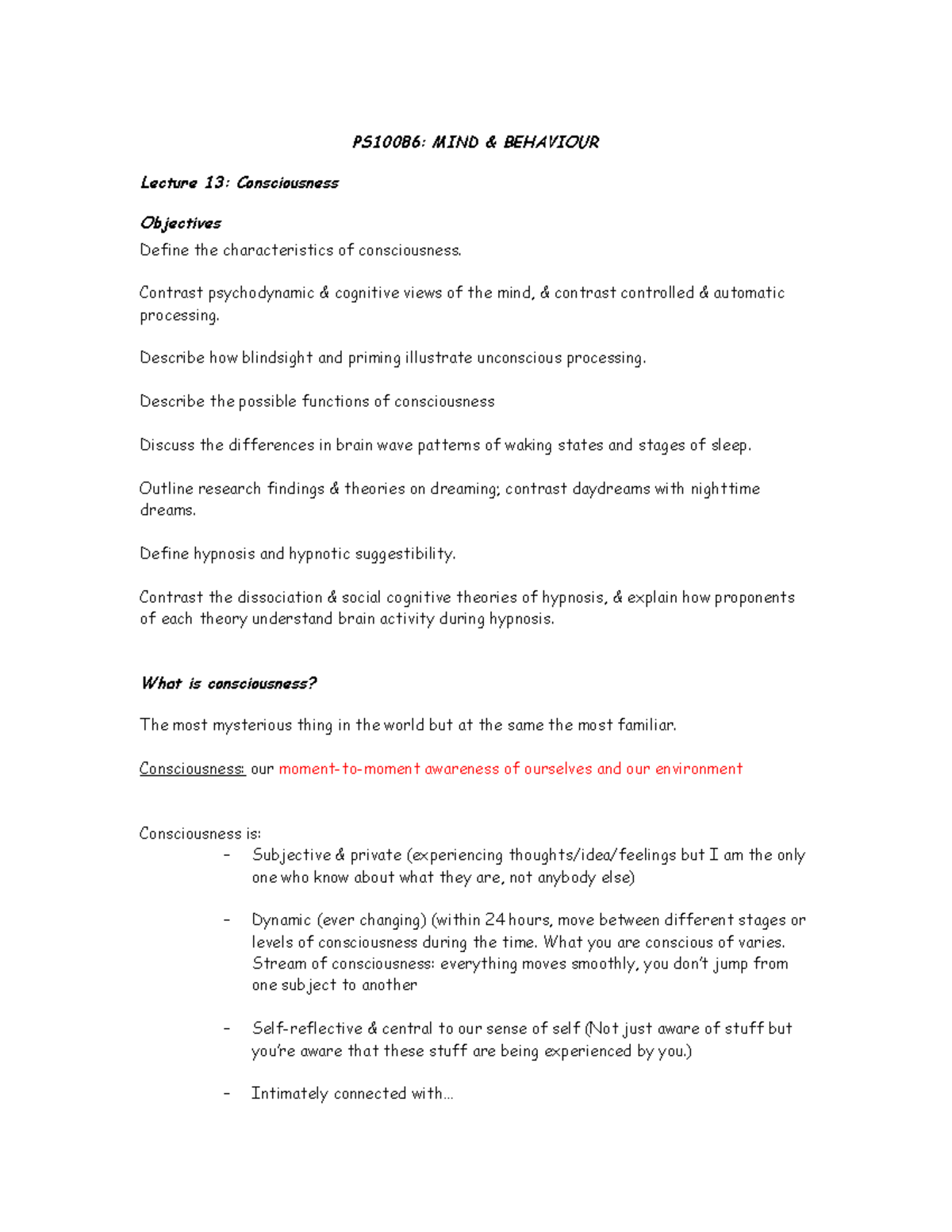 Lecture 13 Consciousness Handout - PS10086: MIND BEHAVIOUR Lecture 13: Consciousness Objectives ...