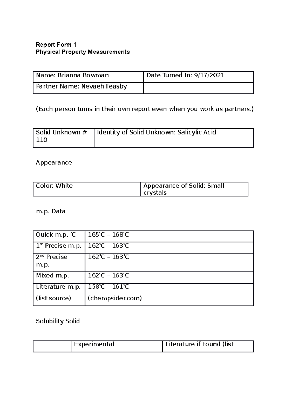 Lab 1 Report - Report Form 1 Physical Property Measurements Name ...