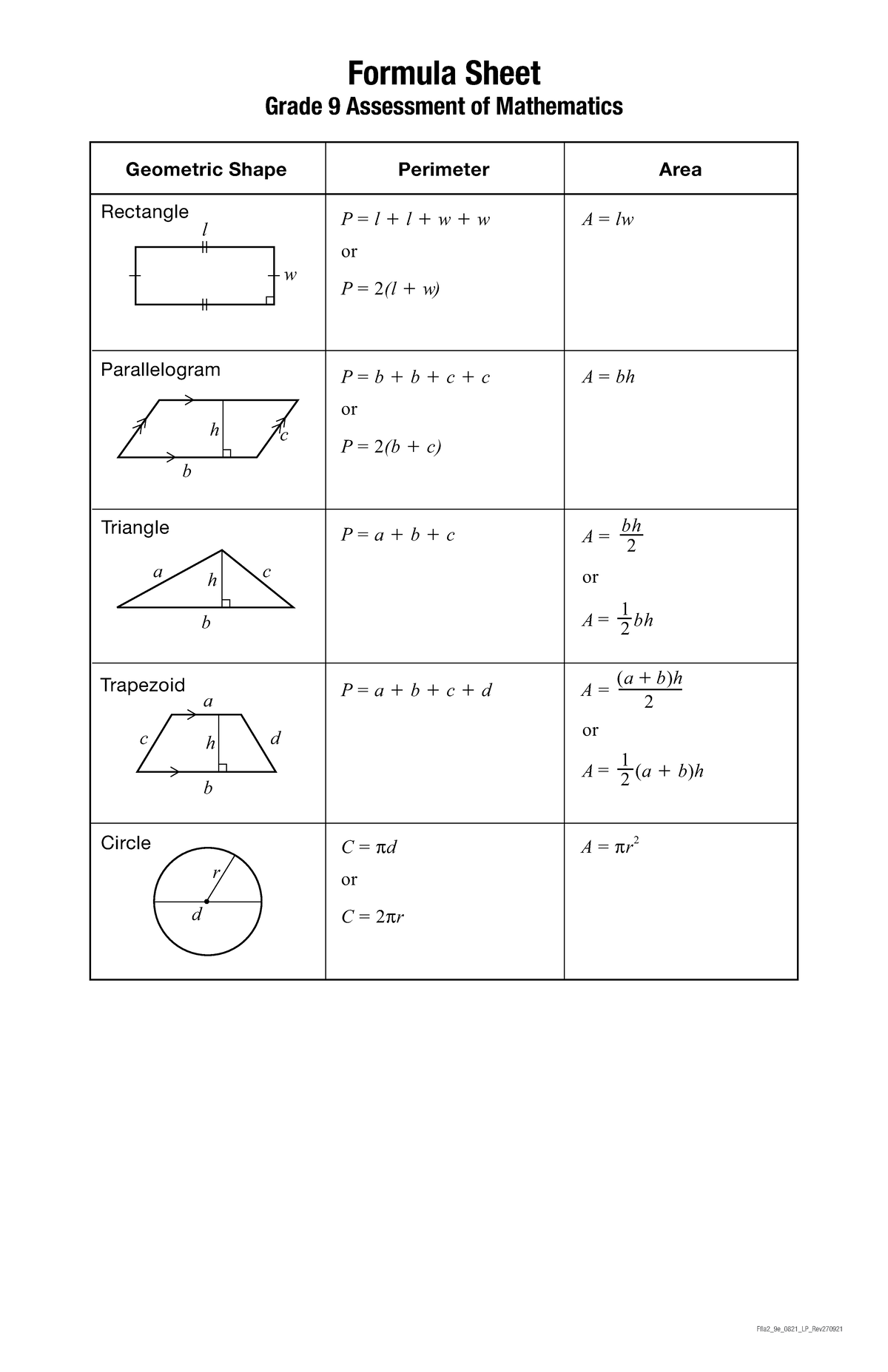 G9-formula-sheet - Grade 9 formula sheet - Triangle Trapezoid ...
