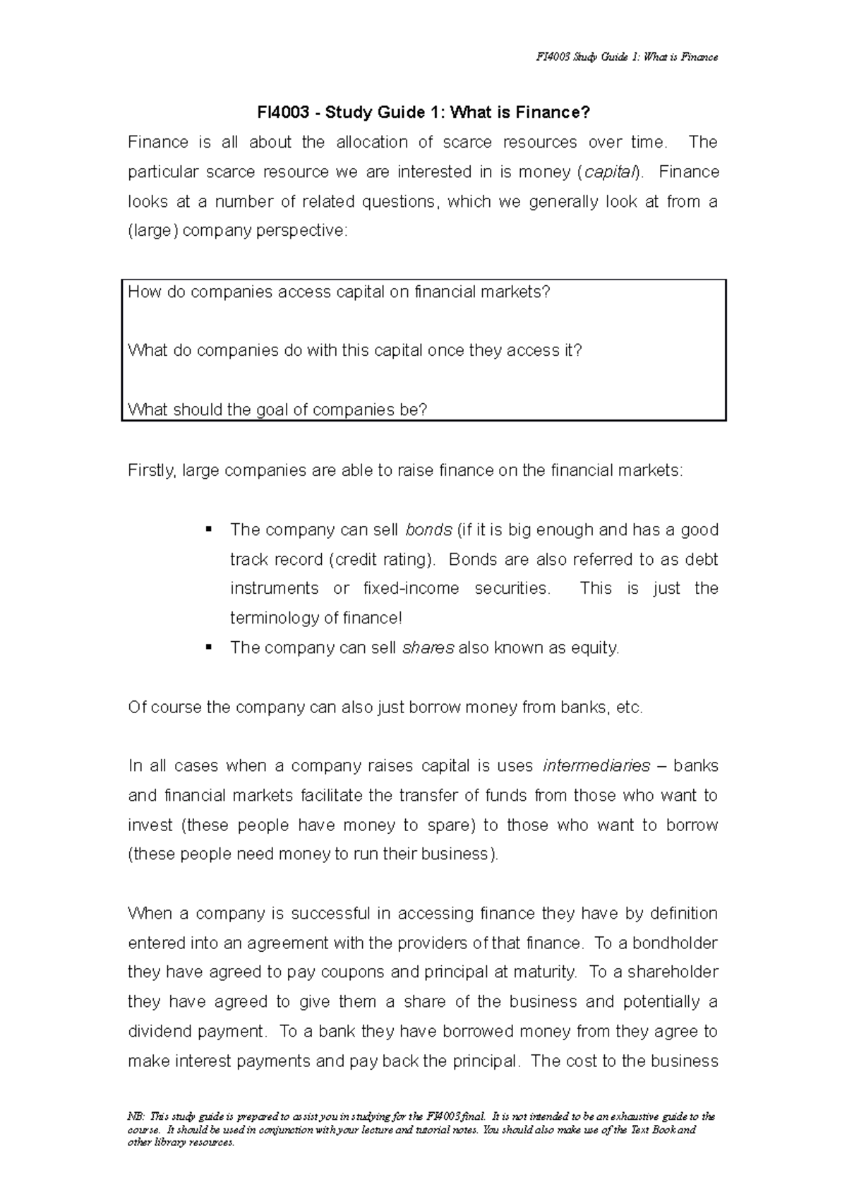 Study+Guide+1 - m\.,,m - FI4003 Study Guide 1: What is Finance FI4003 ...