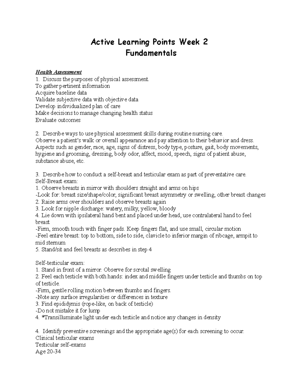 Active Learning Week 2 - Active Learning Points Week 2 Fundamentals Health Assessment Discuss ...