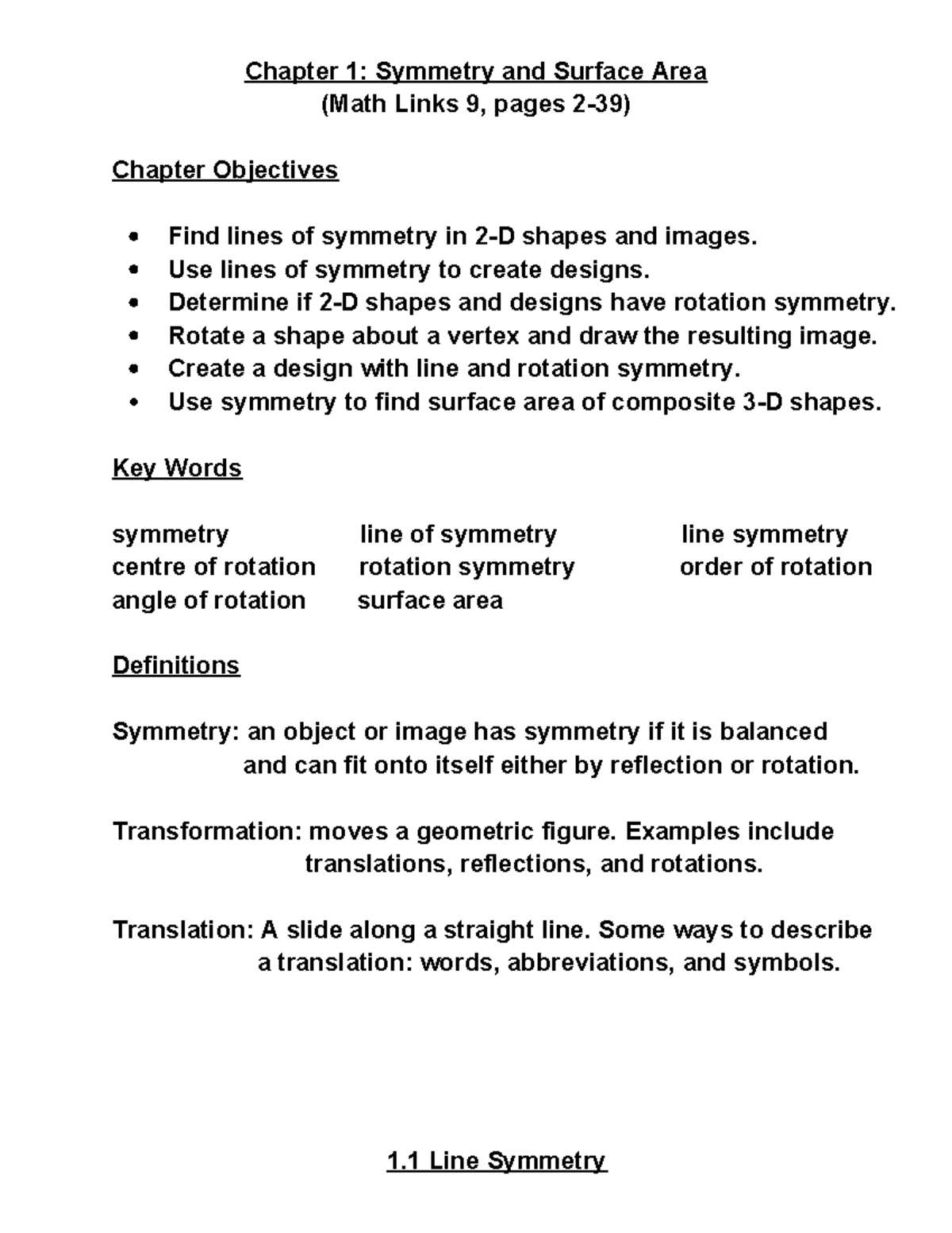 Math Links 9 - Ch. 1 Notes(2) - Chapter 1: Symmetry and Surface Area ...