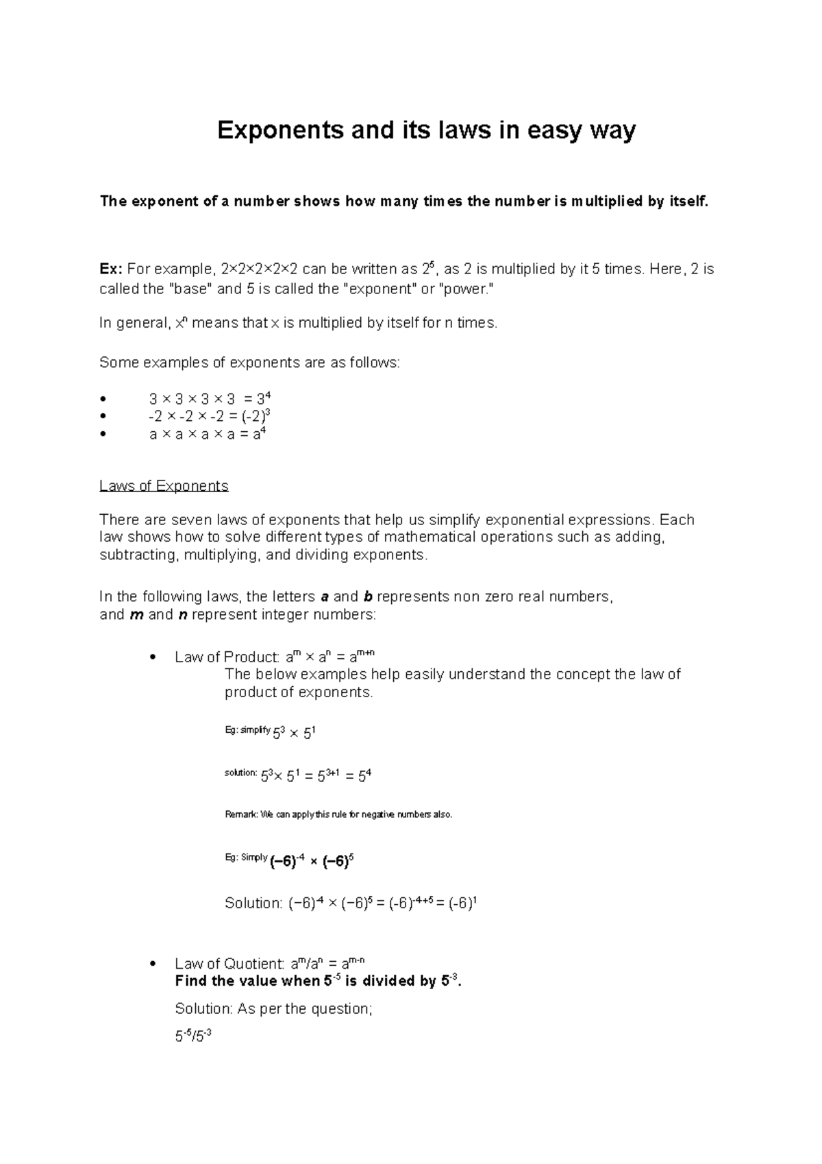 Exponents and its laws in easy way. doc - Exponents and its laws in ...