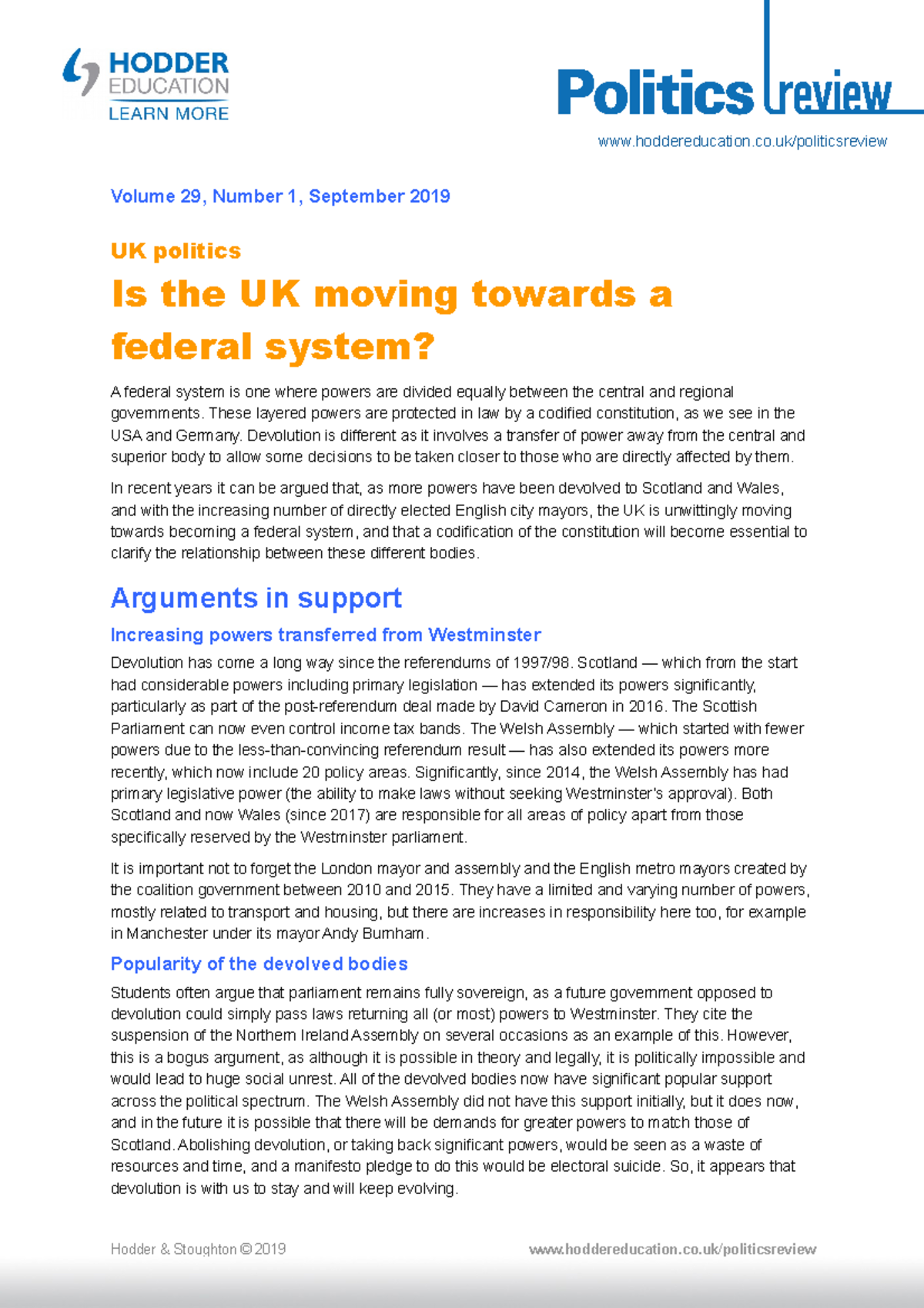 Politics Review 29 1 UK federal - Volume 29, Number 1, September 2019 ...
