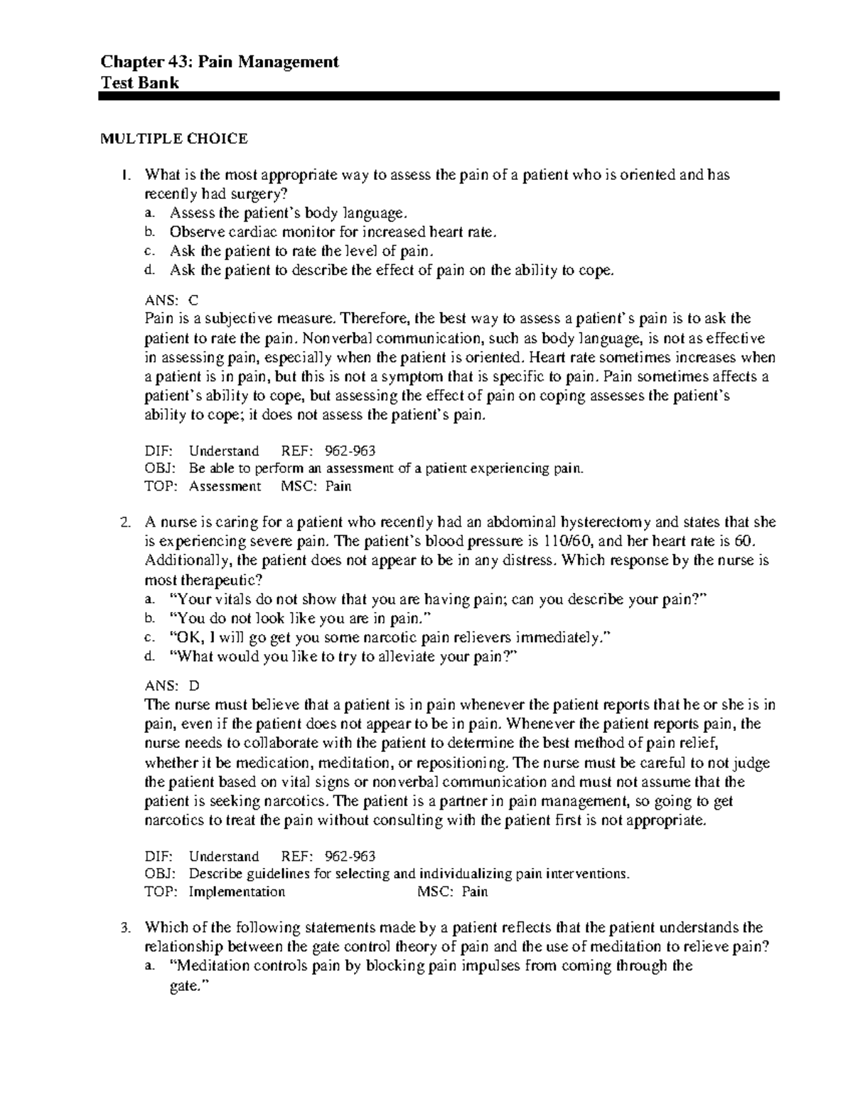 Chapter 43 - notes - Chapter 43: Pain Management Test Bank MULTIPLE ...