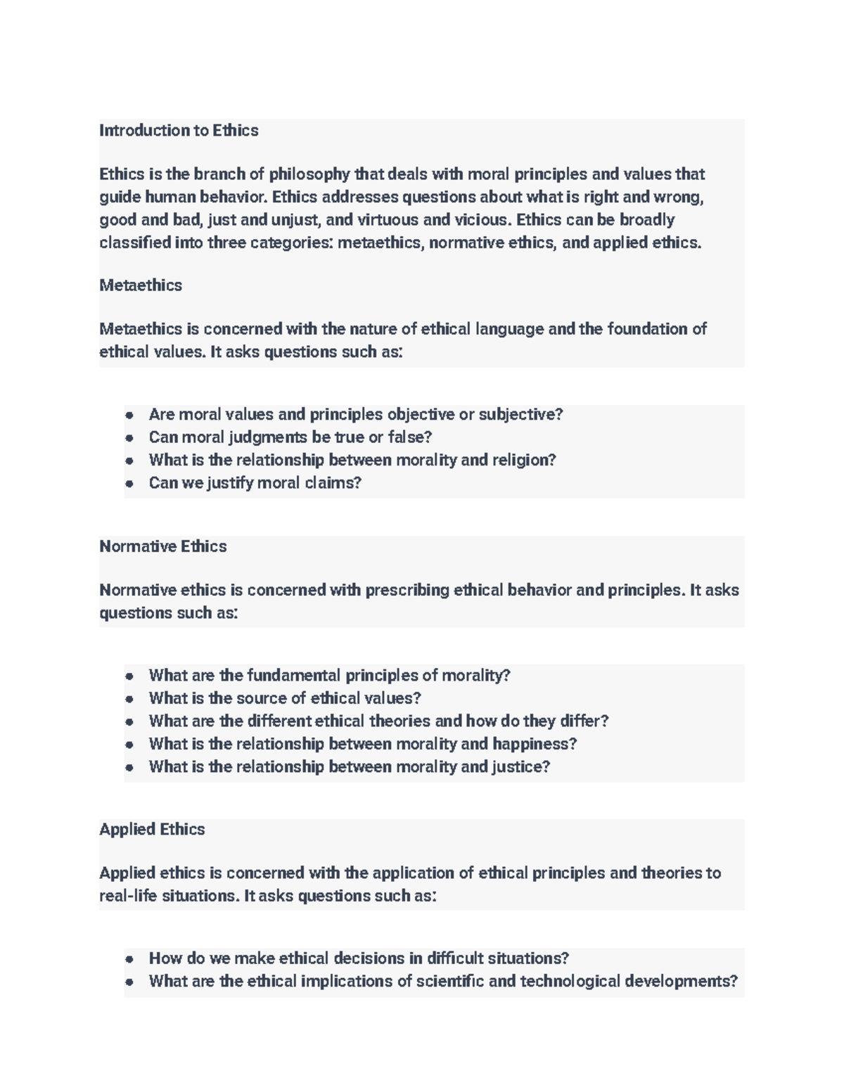 Ethics Notes 4 - Introduction to Ethics Ethics is the branch of ...