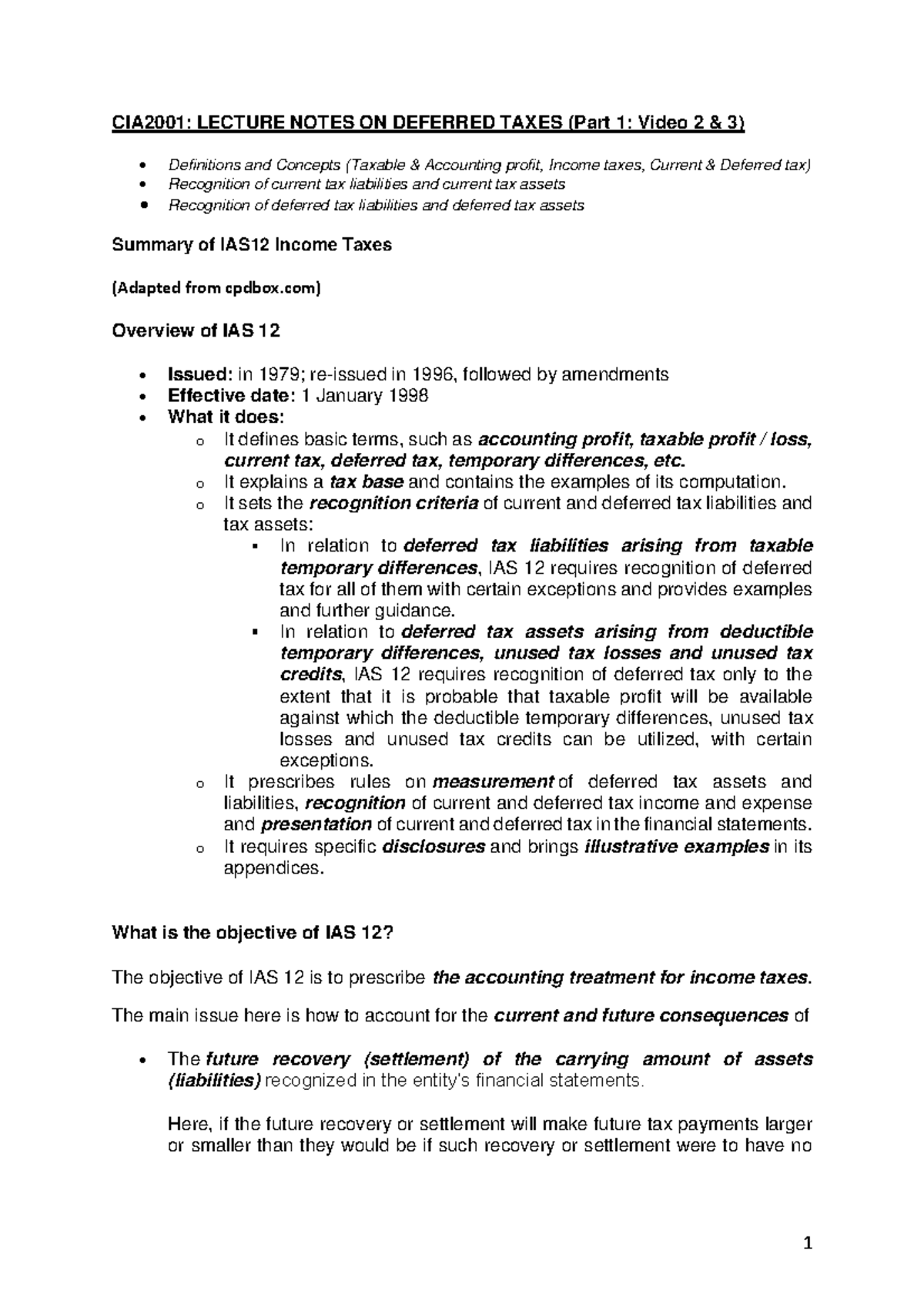 Lecture Notes Deferred Taxes Part 1 (Video 2 3) - CIA2001: LECTURE ...