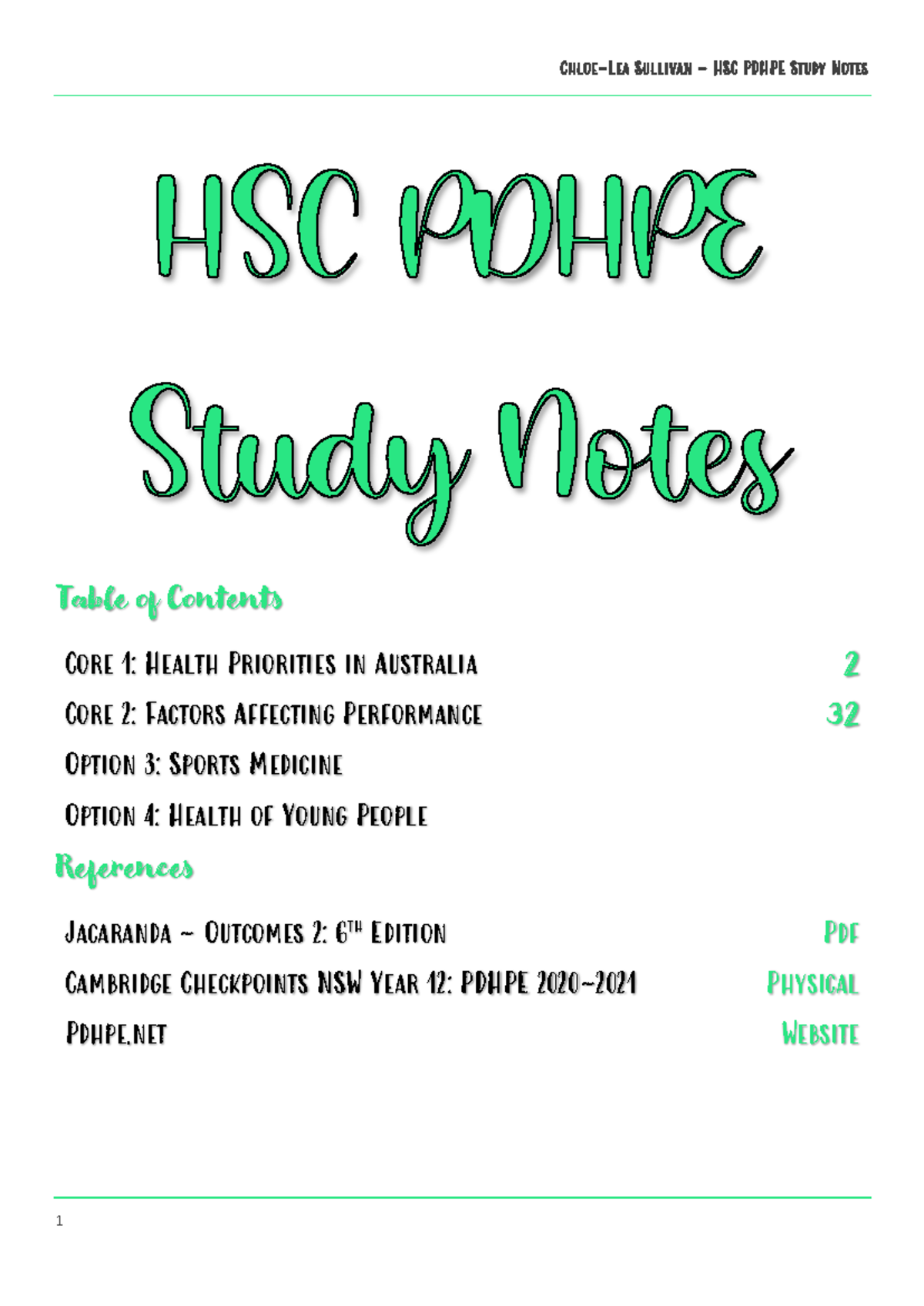 Full Course Option 13 HSC Pdhpe Study Notes - Table of Contents Core 1 ...