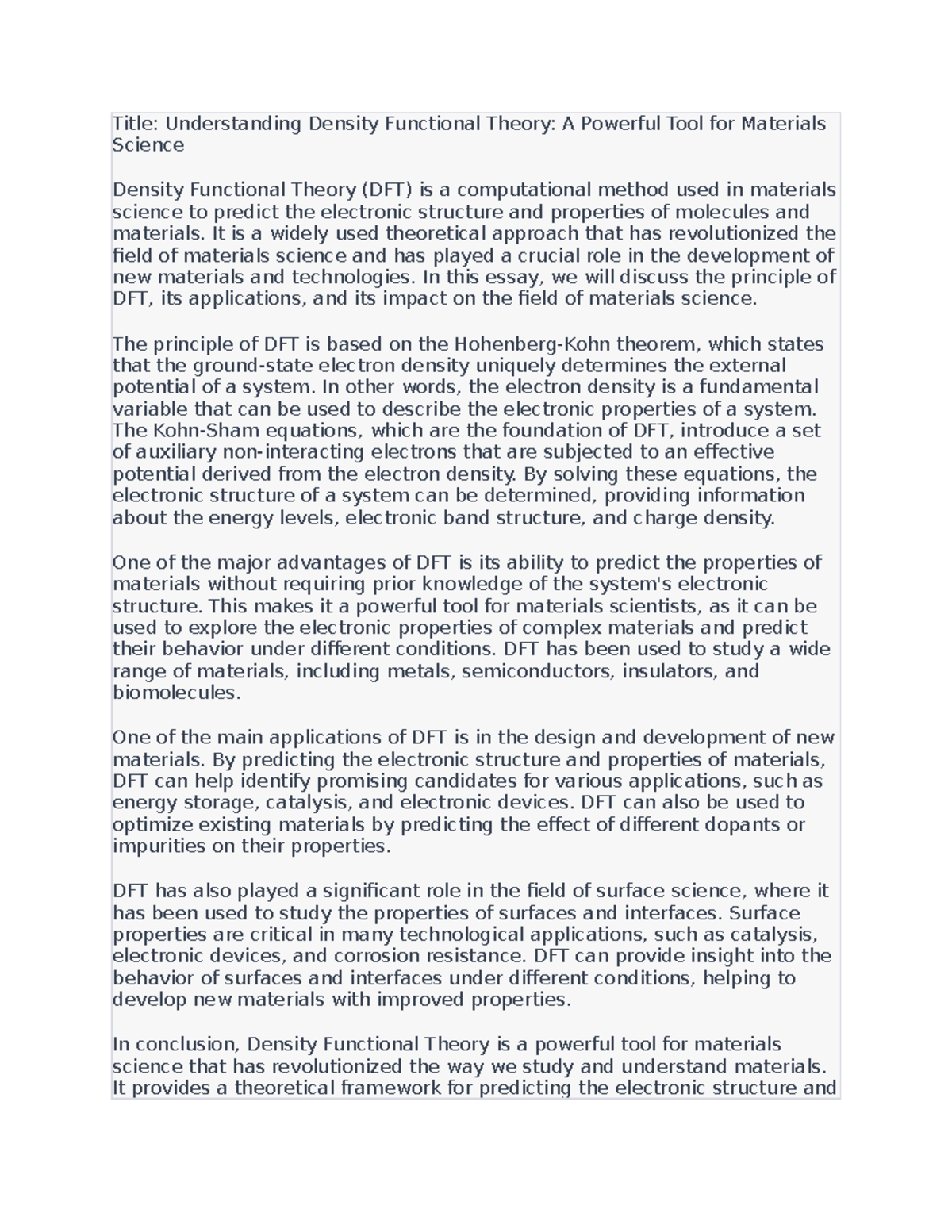 Understanding Density Functional Theory - A Powerful Tool for Materials ...