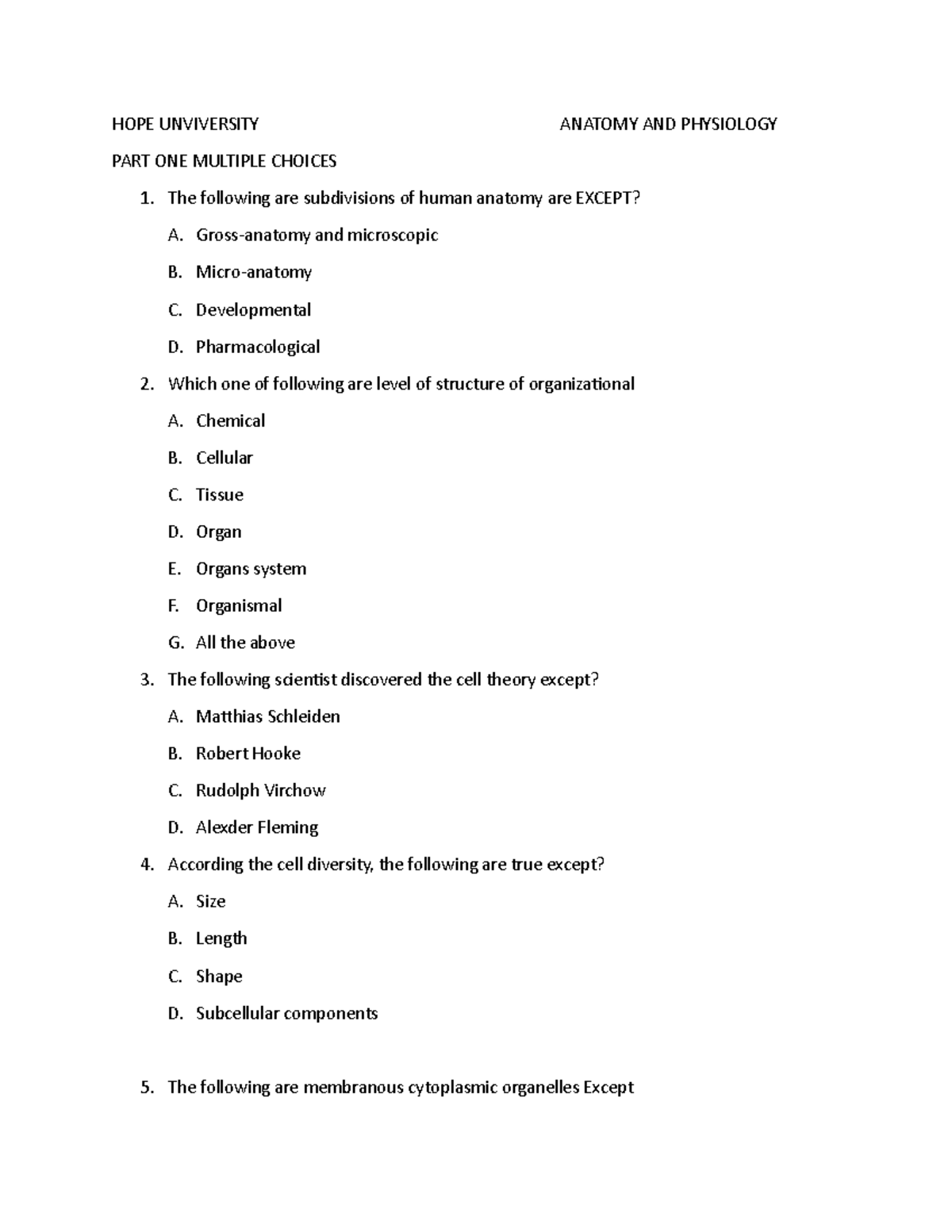 Anatomy and physiology exam - HOPE UNVIVERSITY ANATOMY AND PHYSIOLOGY ...