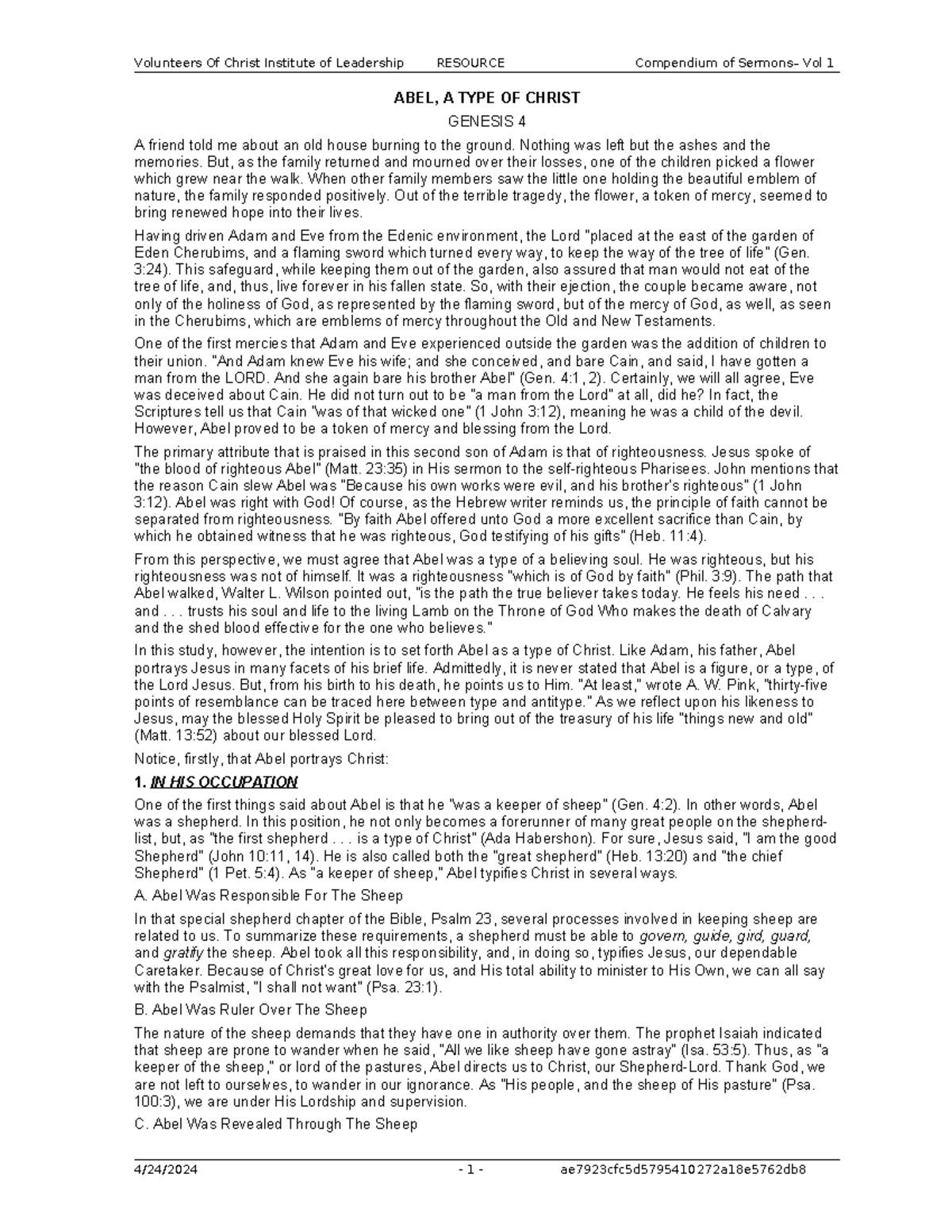 Abel, A Type of Christ - notes - Volunteers Of Christ Institute of ...