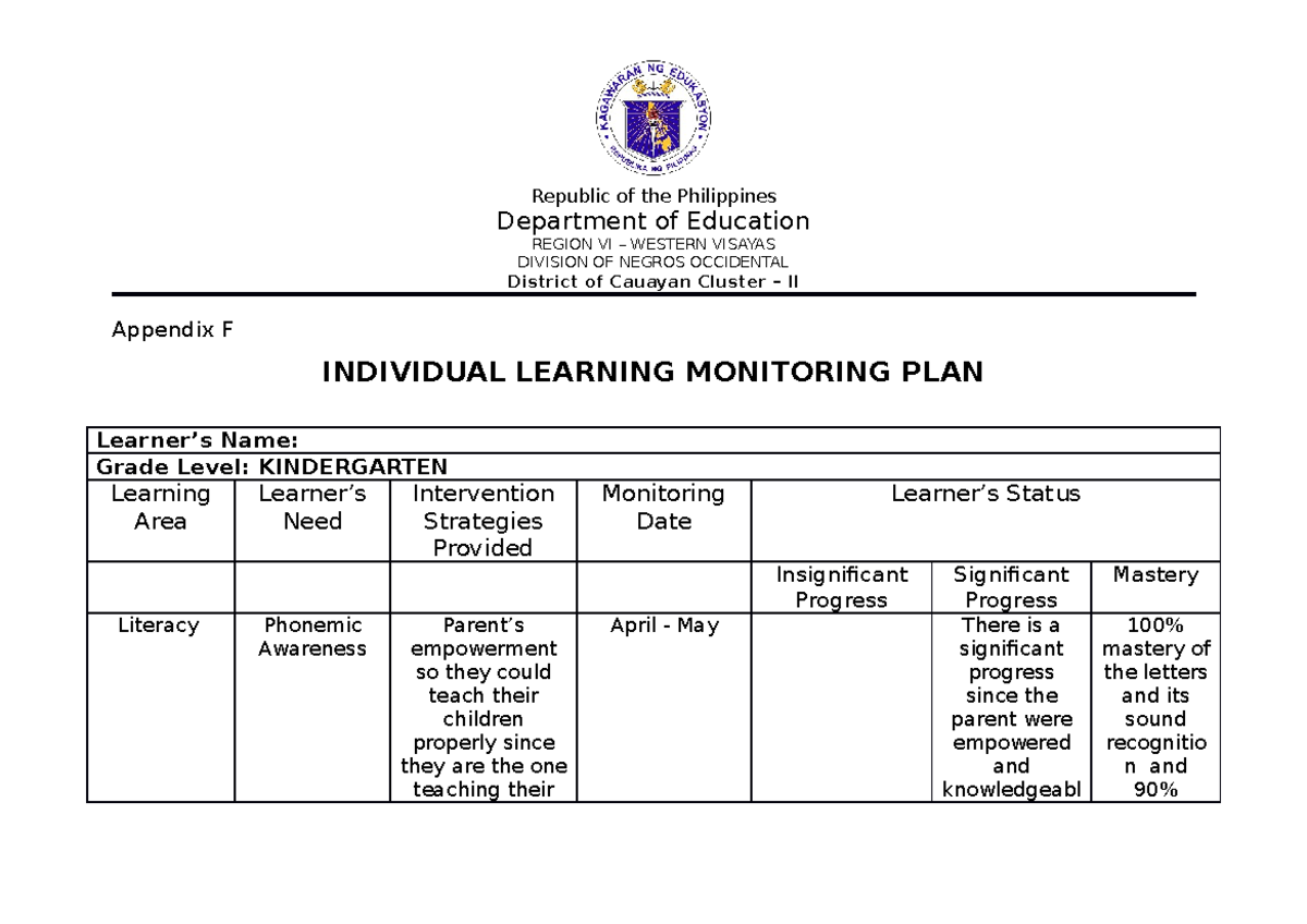 Individual-Learning-Monitoring-Plan s Ample - Republic of the ...