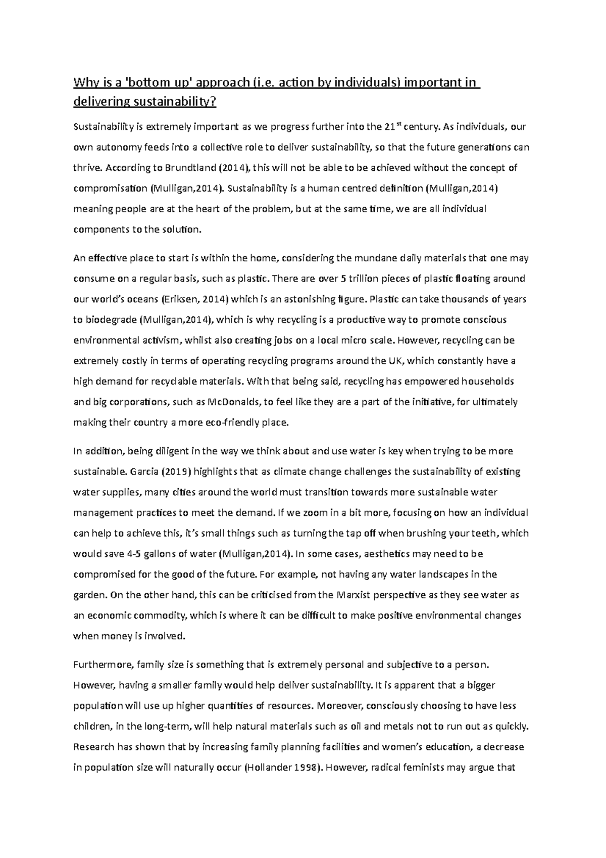 Mini Essay 1 - Why is a 'bottom up' approach (i.e. action by ...