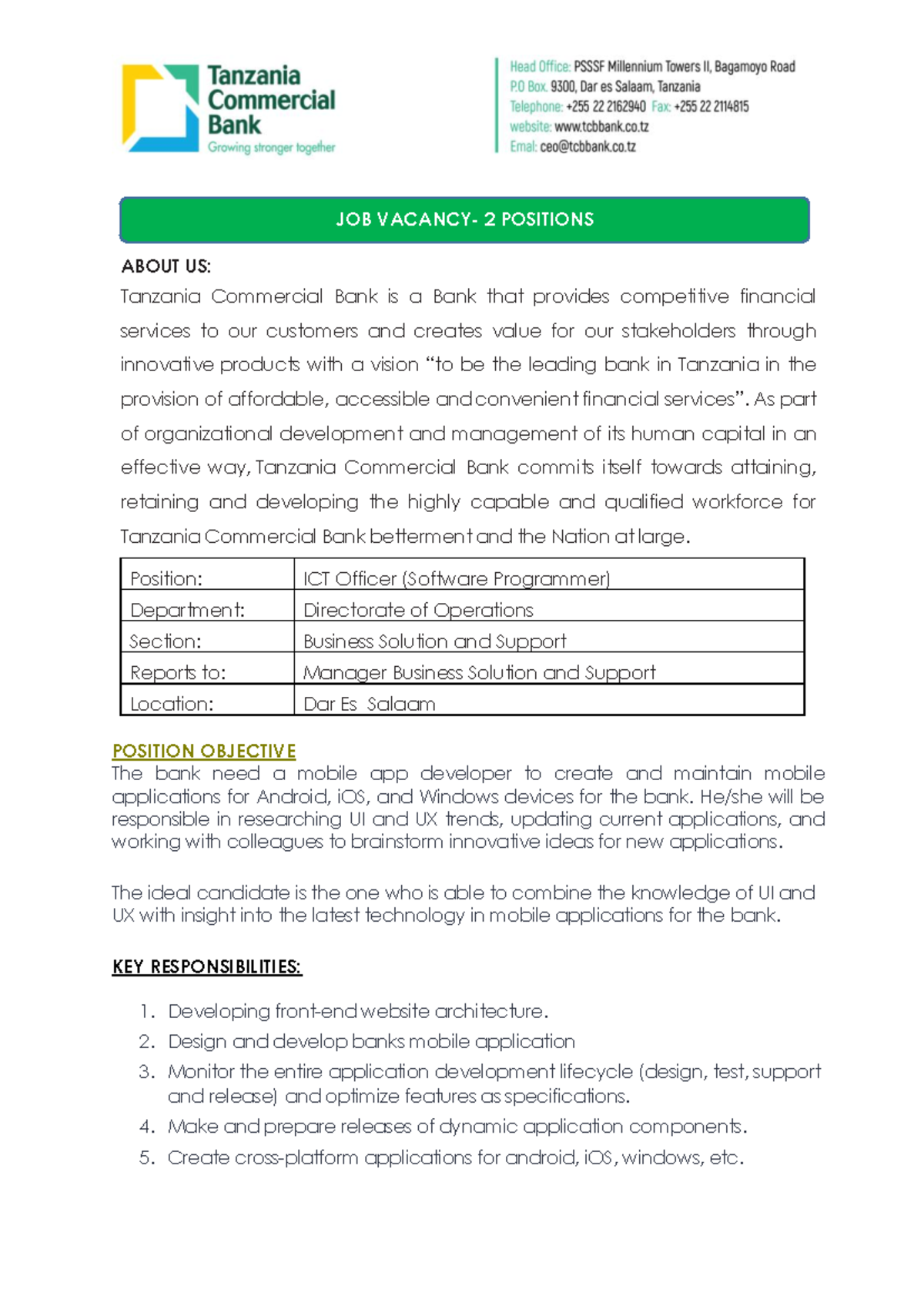 Job Advert - ICT Software Developer - ABOUT US: Tanzania Commercial ...