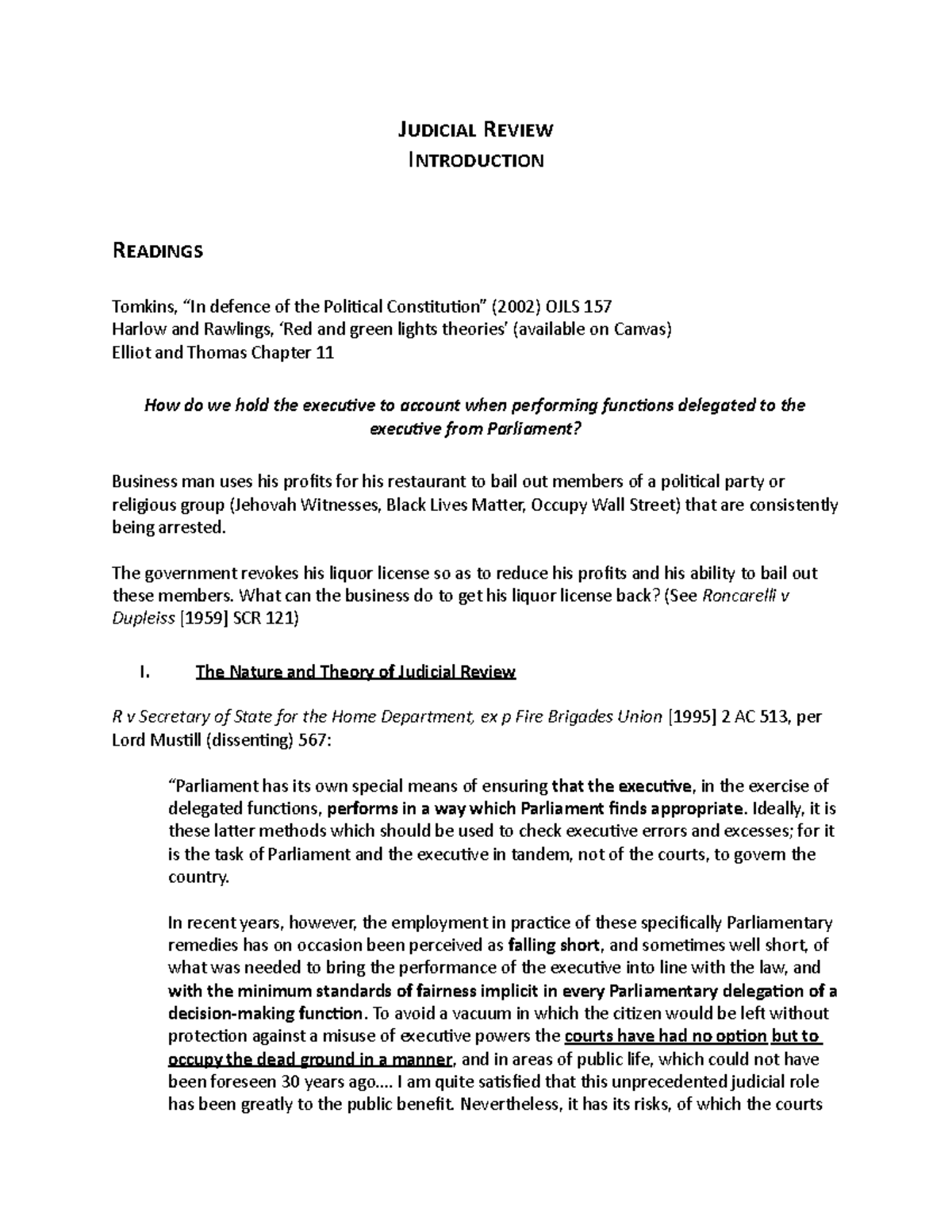 Judicial Review Theory Handout - JUDICIAL REVIEW INTRODUCTION READINGS ...