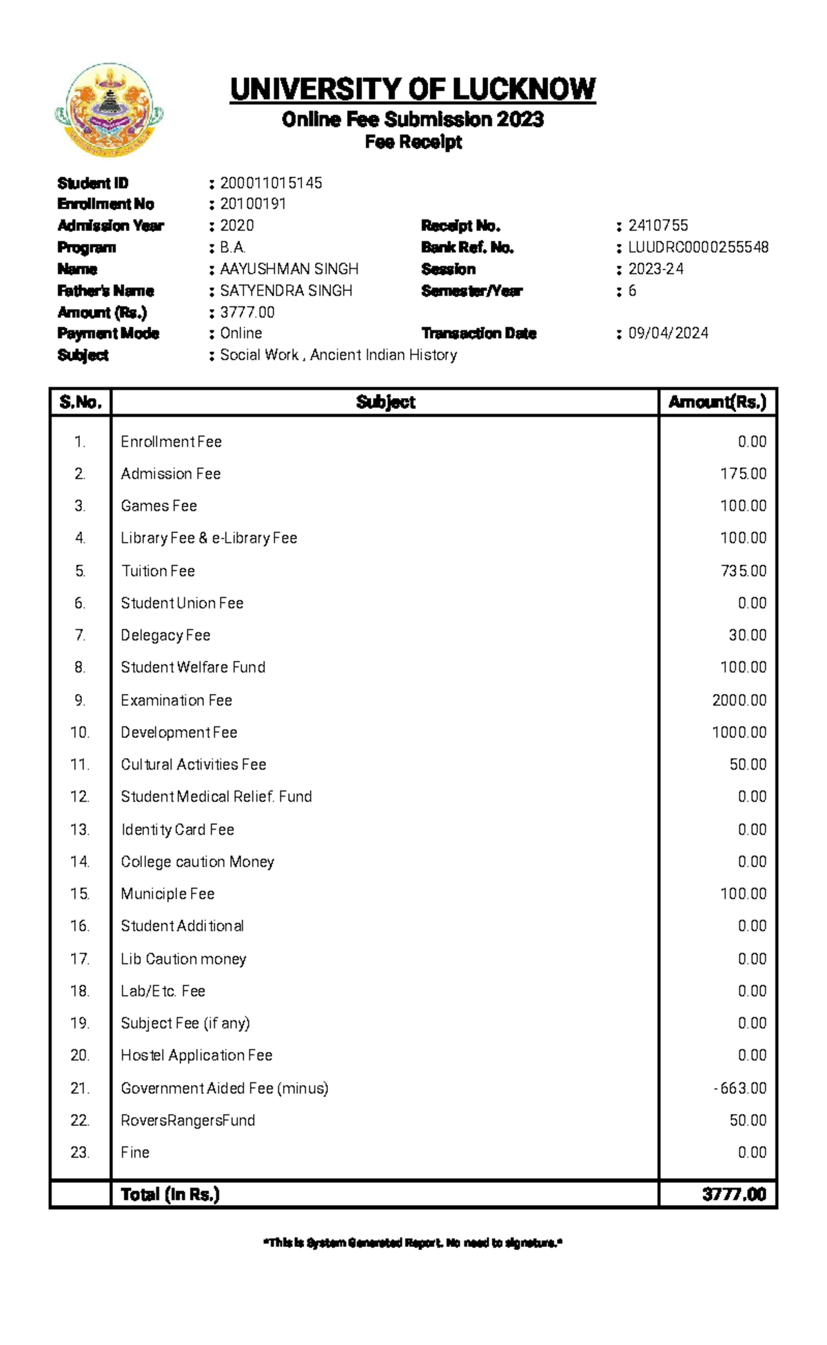 6th Semester Fee Receipt - UNIVERSITY OF LUCKNOW Online Fee Submission ...