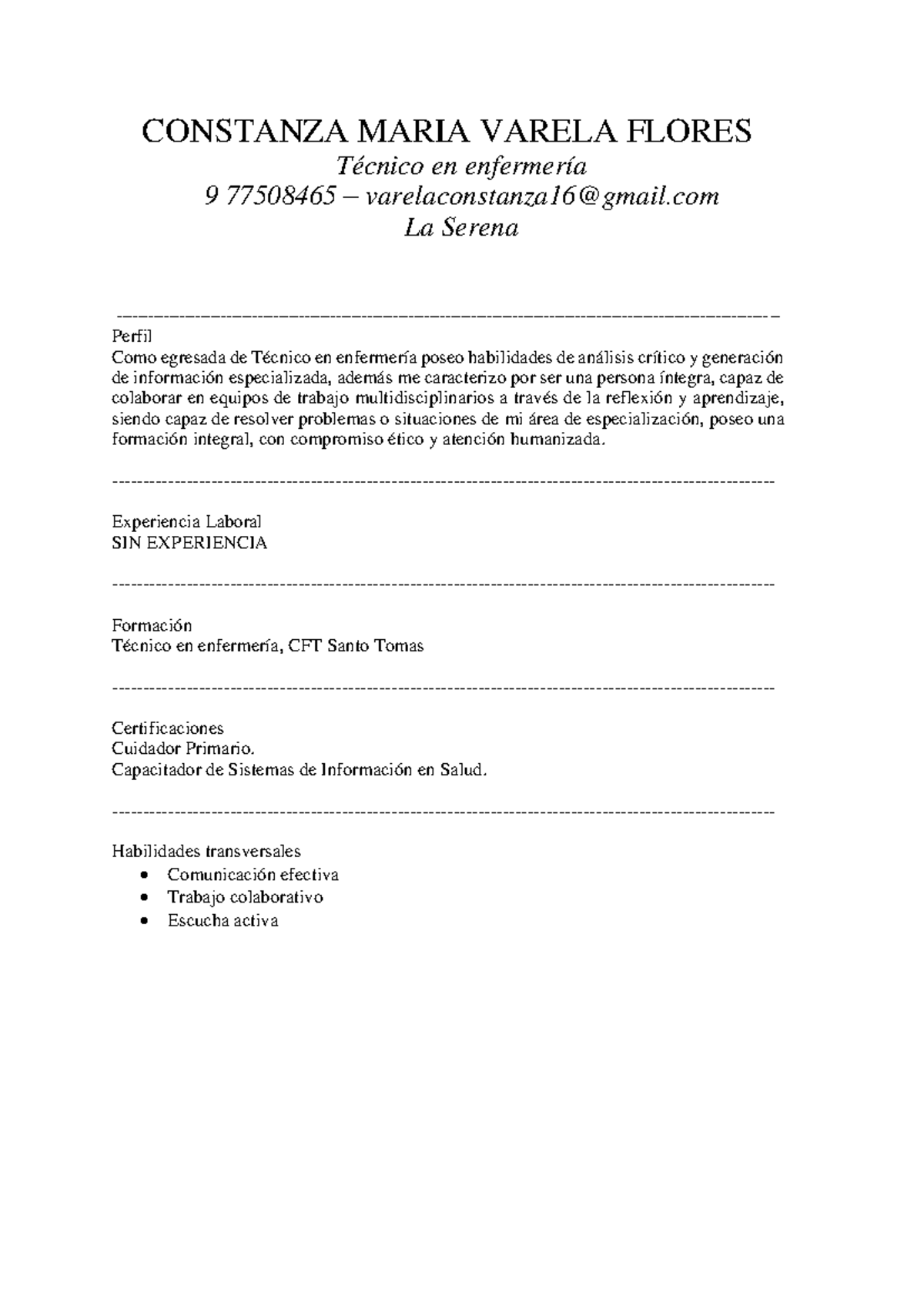 Curriculum vitae - CONSTANZA MARIA VARELA FLORES Técnico en enfermería 9 77508465 – - Studocu