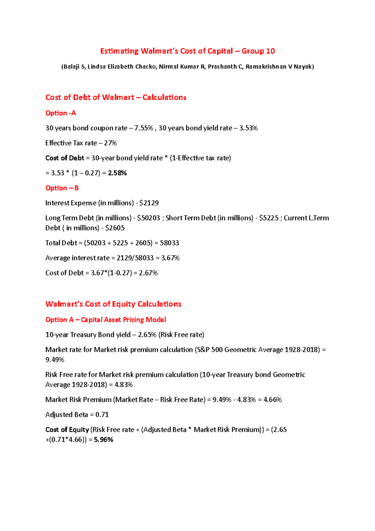 Walmart - updated NAIK FILE - Estimating Walmart’s Cost of Capital ...