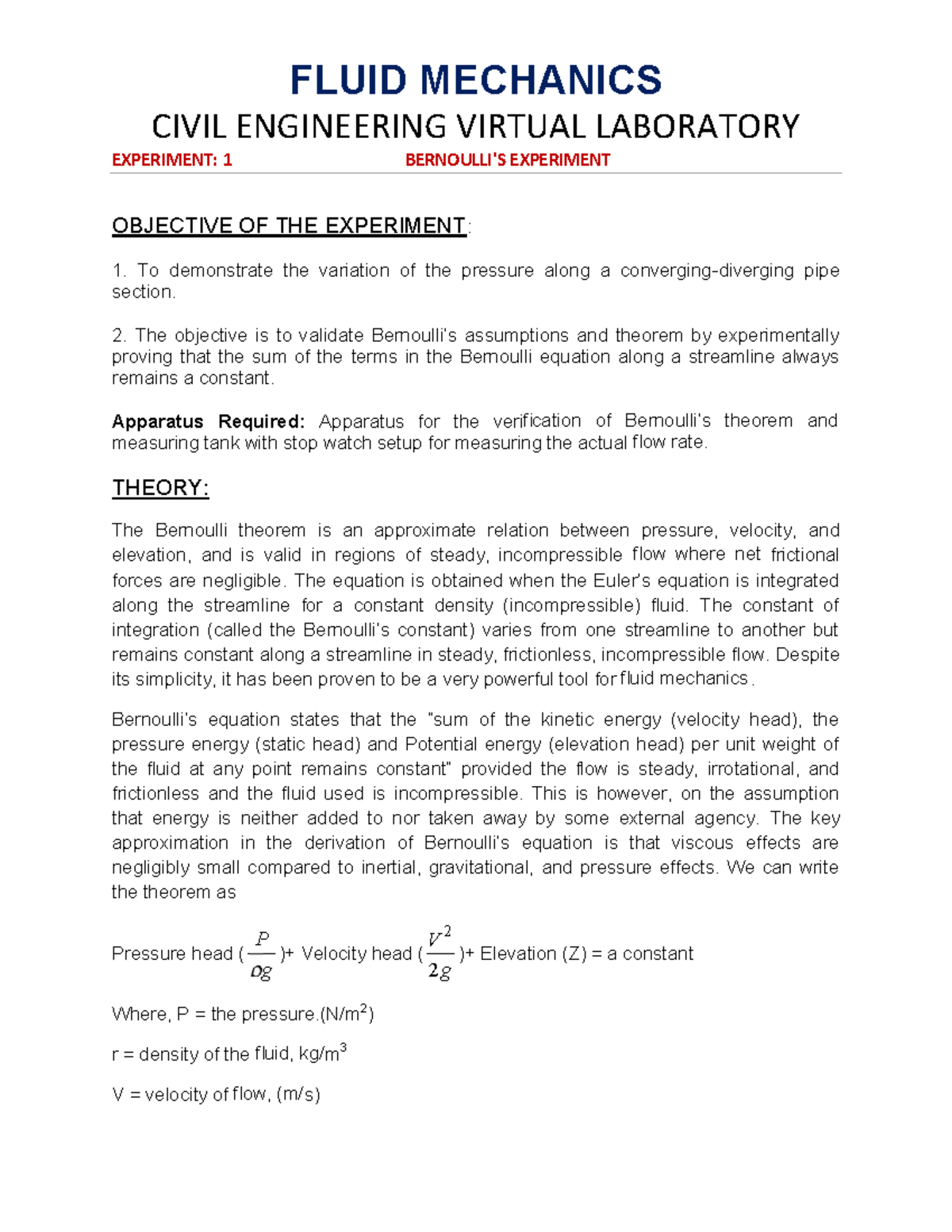 1 - Practical - FLUID MECHANICS CIVIL ENGINEERING VIRTUAL LABORATORY ...