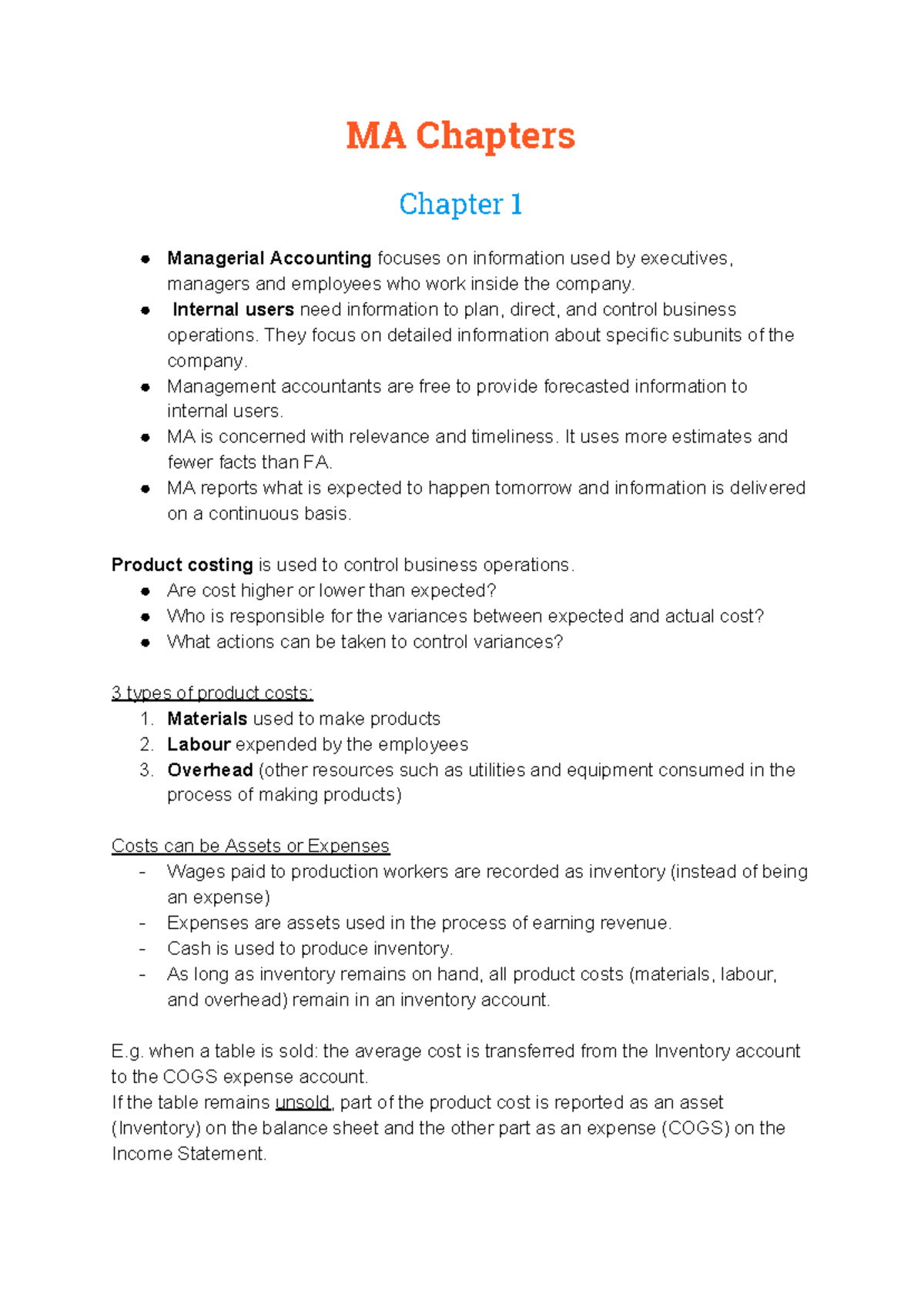 MA Book Summary Ch. 1,2 - MA Chapters Chapter 1 Managerial focuses on ...