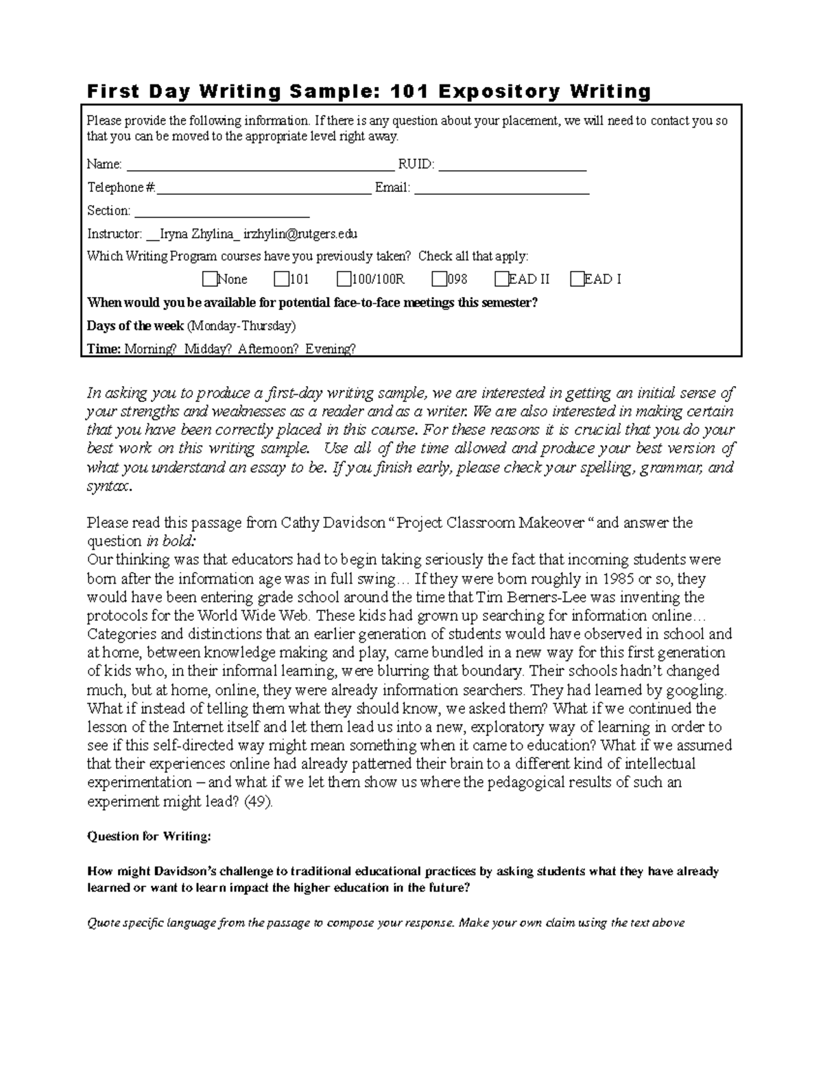Writing Sample Sp 21 - First Day Writing Sample: 101 Expository Writing ...