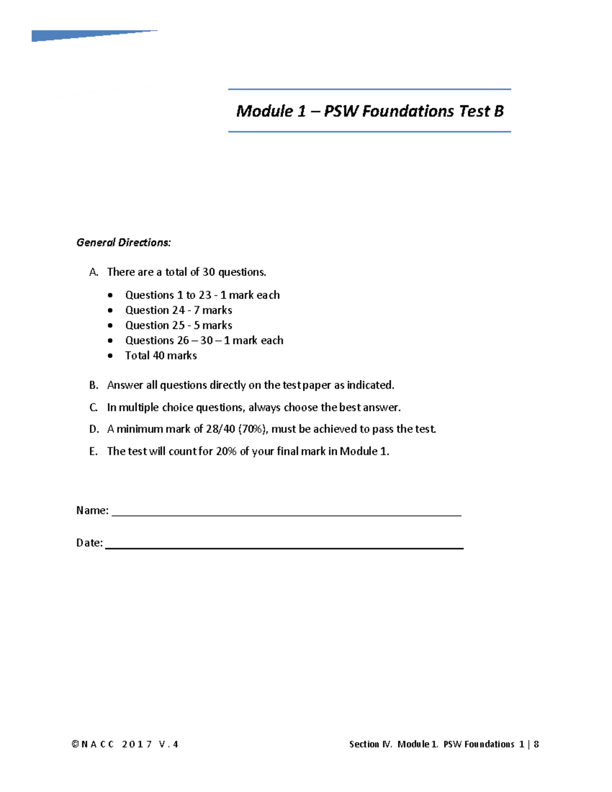 IV-2 Test - Module 1 PSW Foundations (B) Form Fill - Module 1 – PSW ...