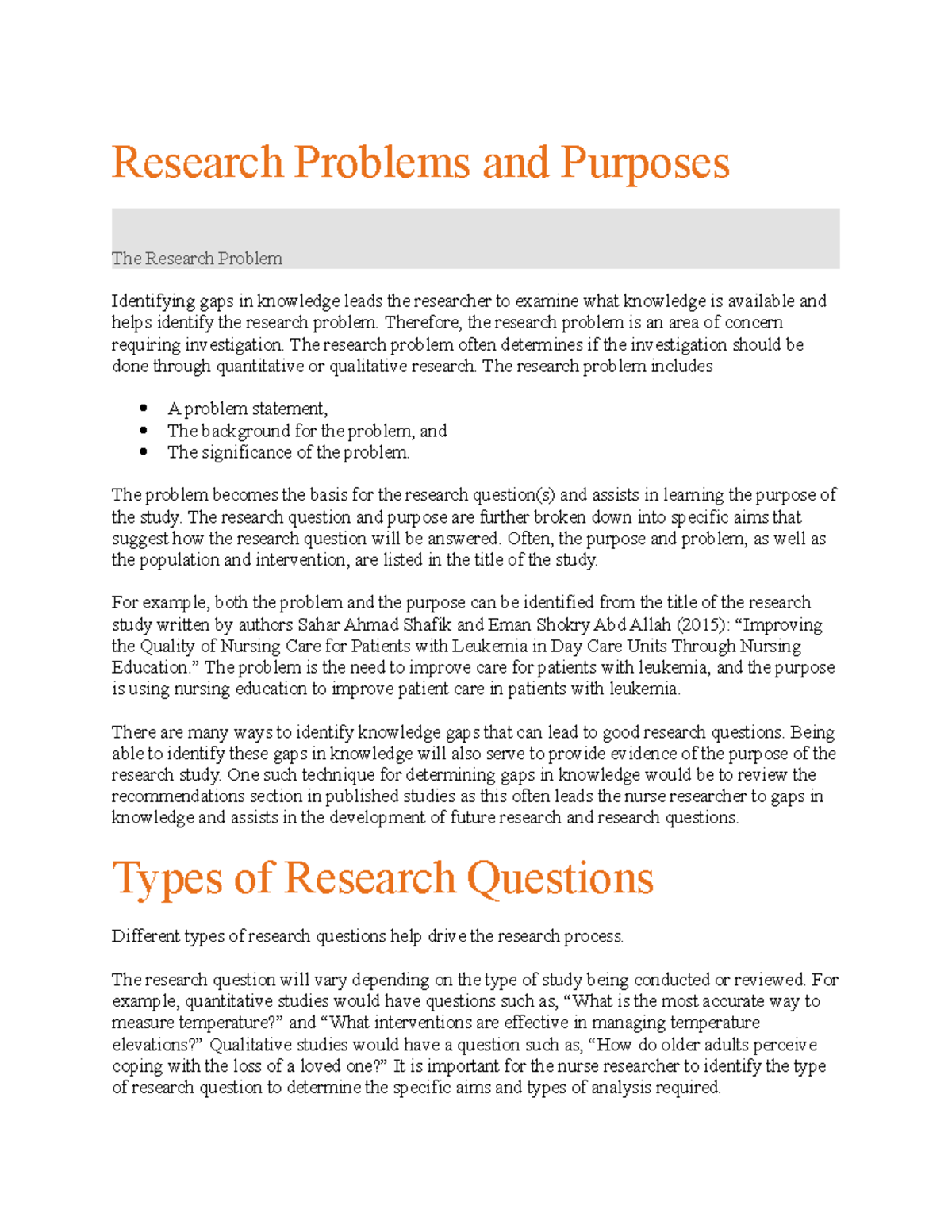 Research - additional help - Research Problems and Purposes The ...