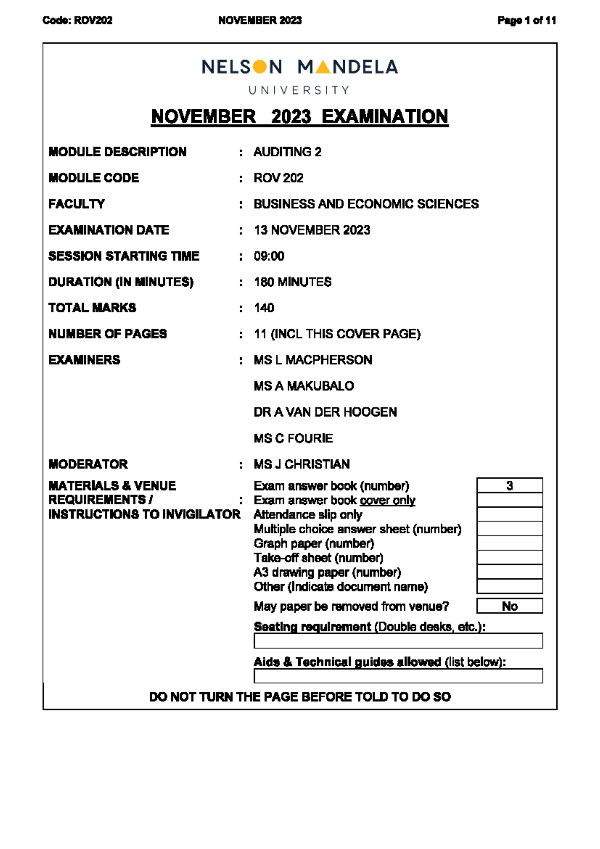 2023 Final ROV 202 Novembe EXAM Question Paper 1 - Code: ROV202 ...