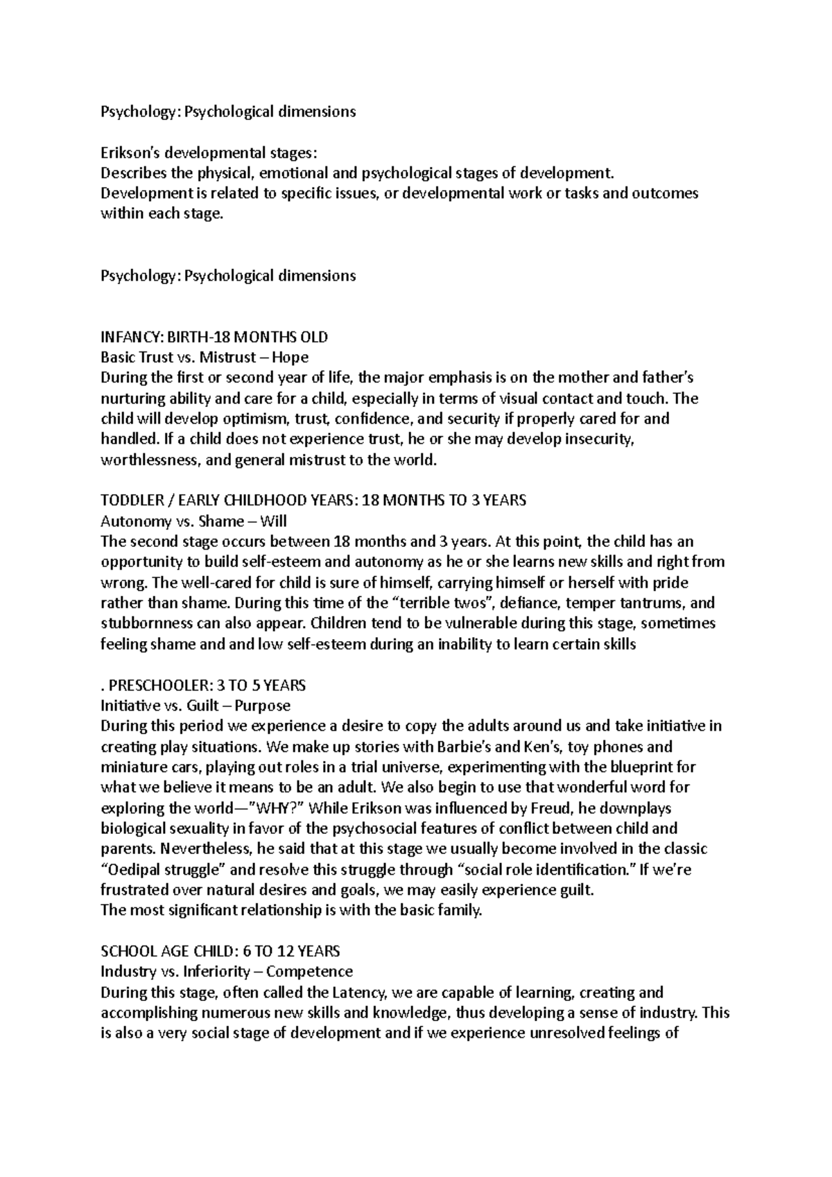 Psychology s - Psychology: Psychological dimensions Erikson’s ...