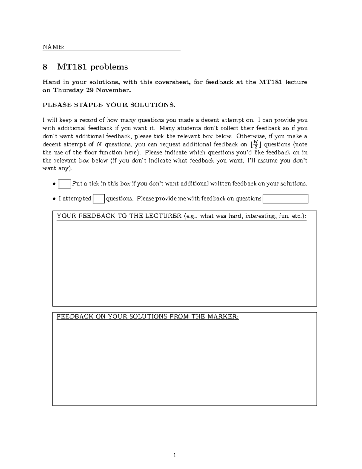 MT1810 Sheet 8 - NAME: 8 MT181 problems Hand in your solutions, with ...