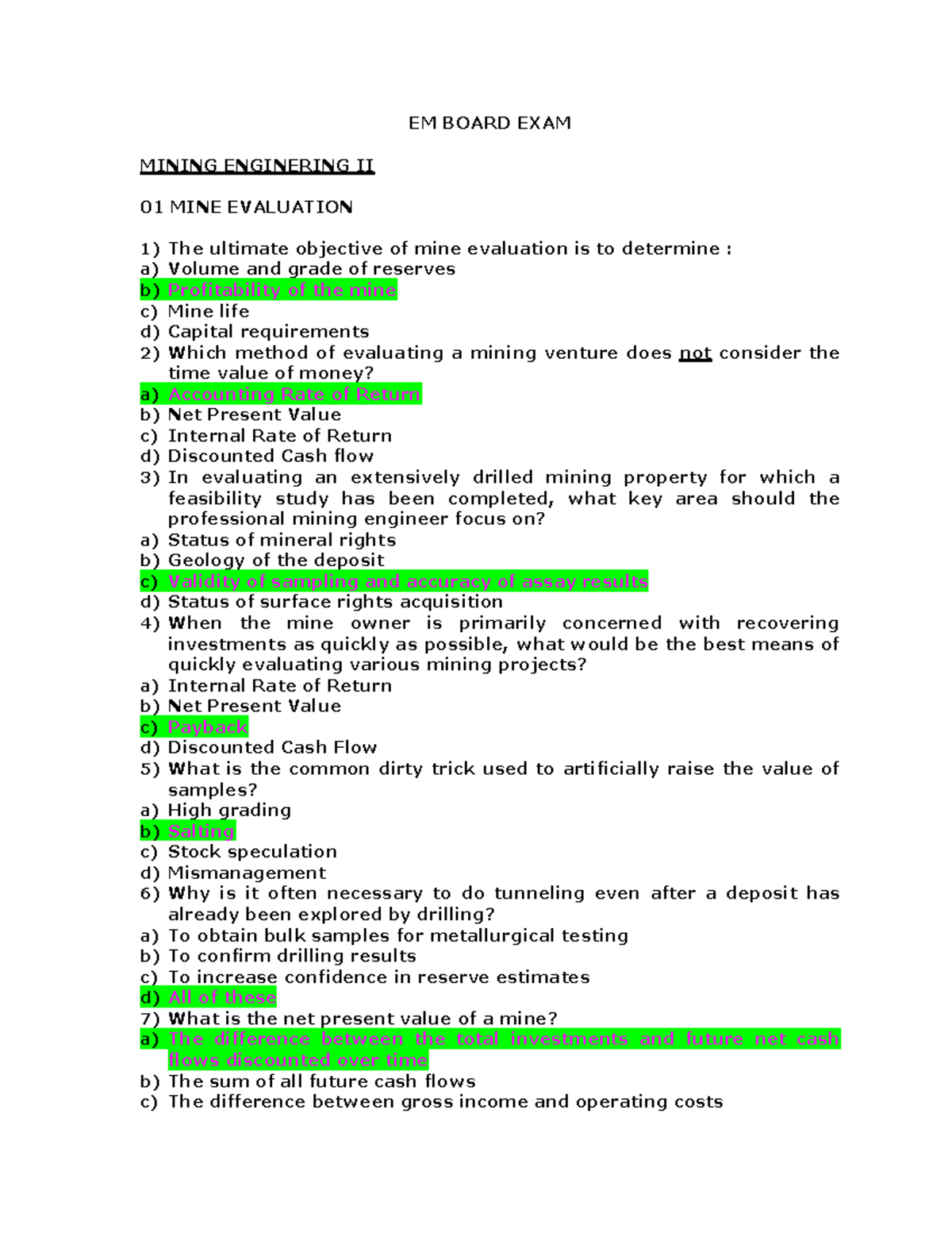 MELE pre-board 2 - Mining engineering licensure pre-board with answer ...