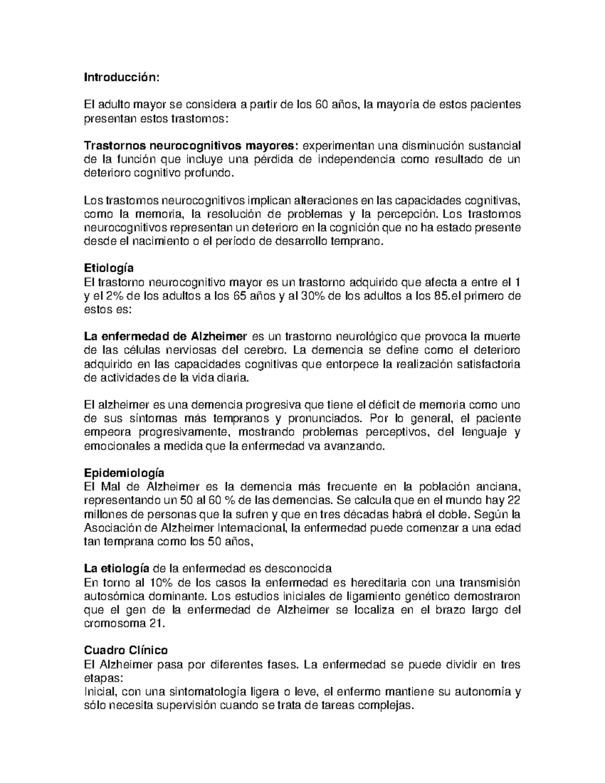 Neurocongnitivo - Gggv - Introducción: El adulto mayor se considera a ...