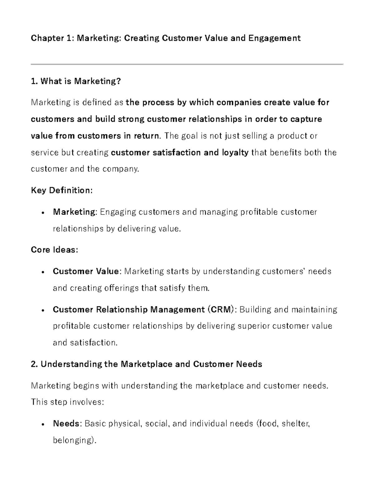 Chapter 1 - learning - Chapter 1: Marketing: Creating Customer Value and Engagement What is ...