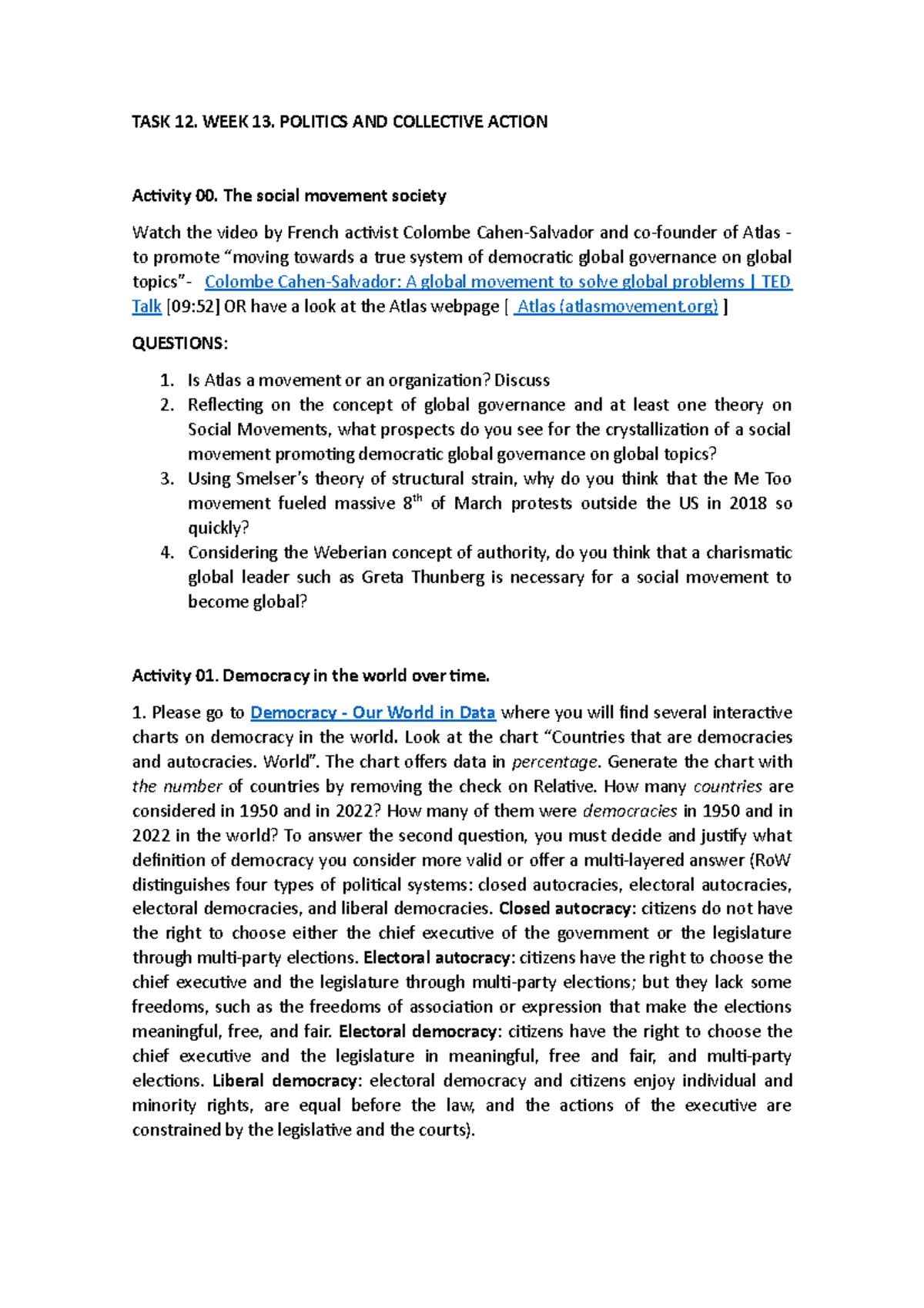 TASK 12. Politics and collective action - TASK 12. WEEK 13. POLITICS ...