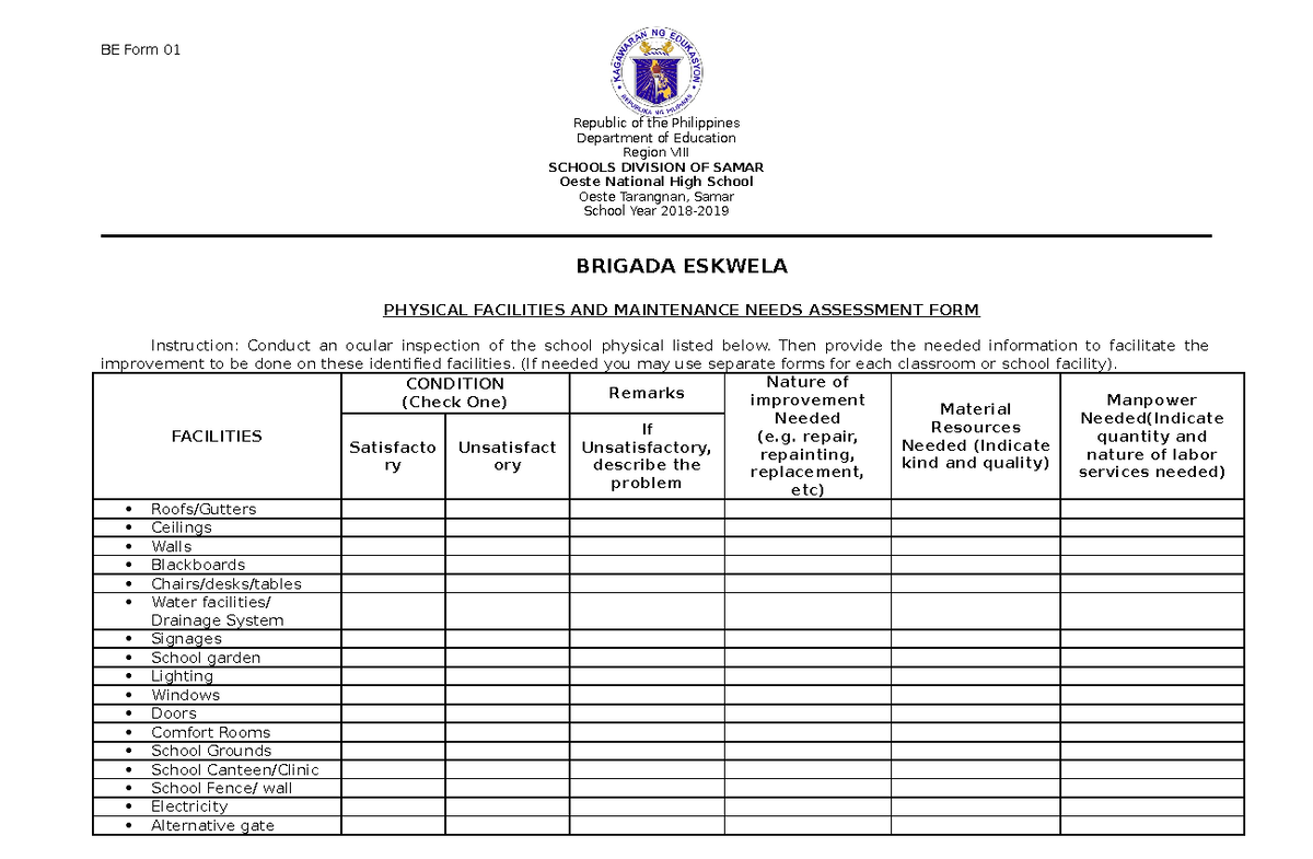 BE Form 1 Physical Facilities AND Maintenance Needs Assessment FORM
