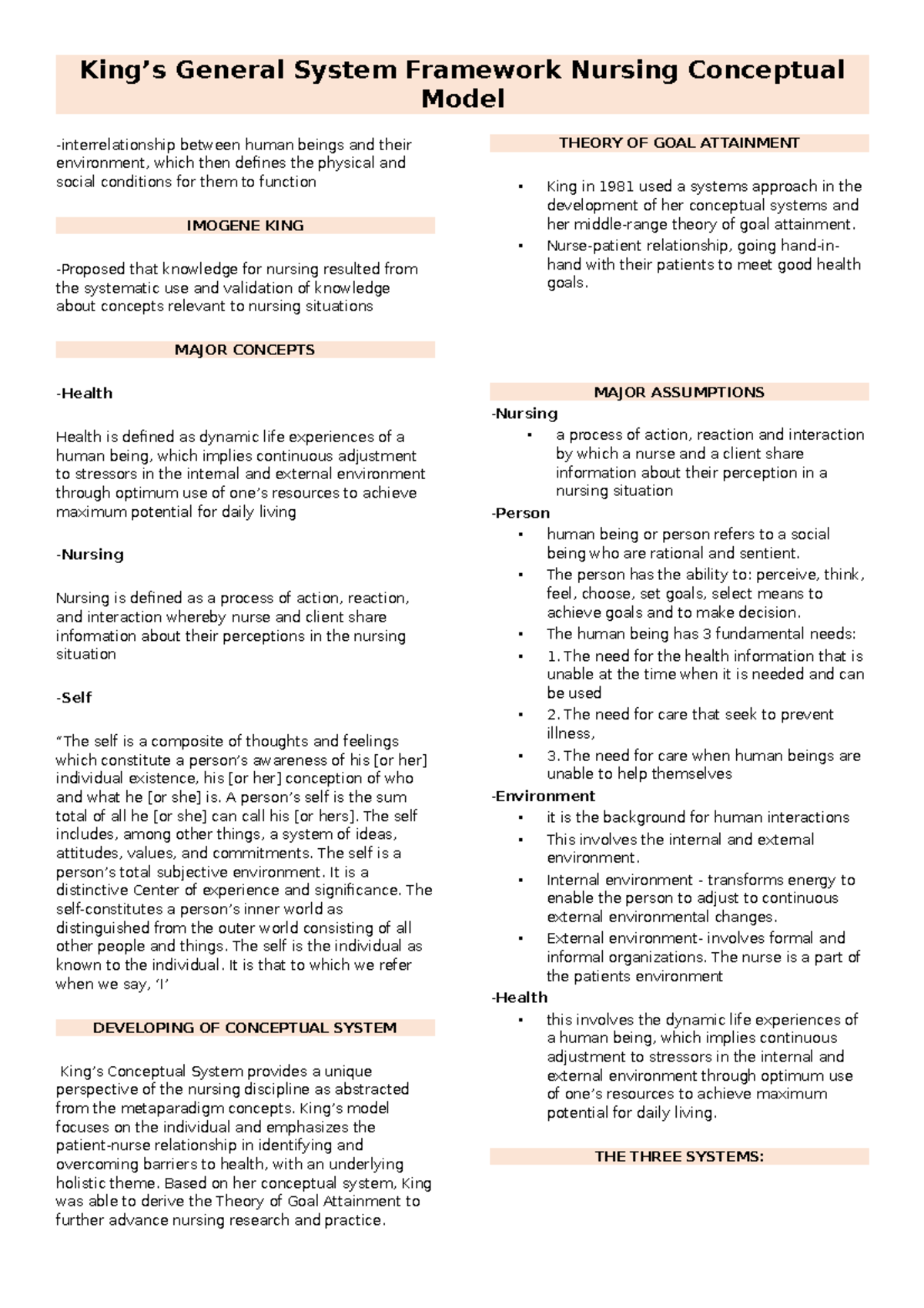 King’s General System Framework Nursing Conceptual Model - King’s ...