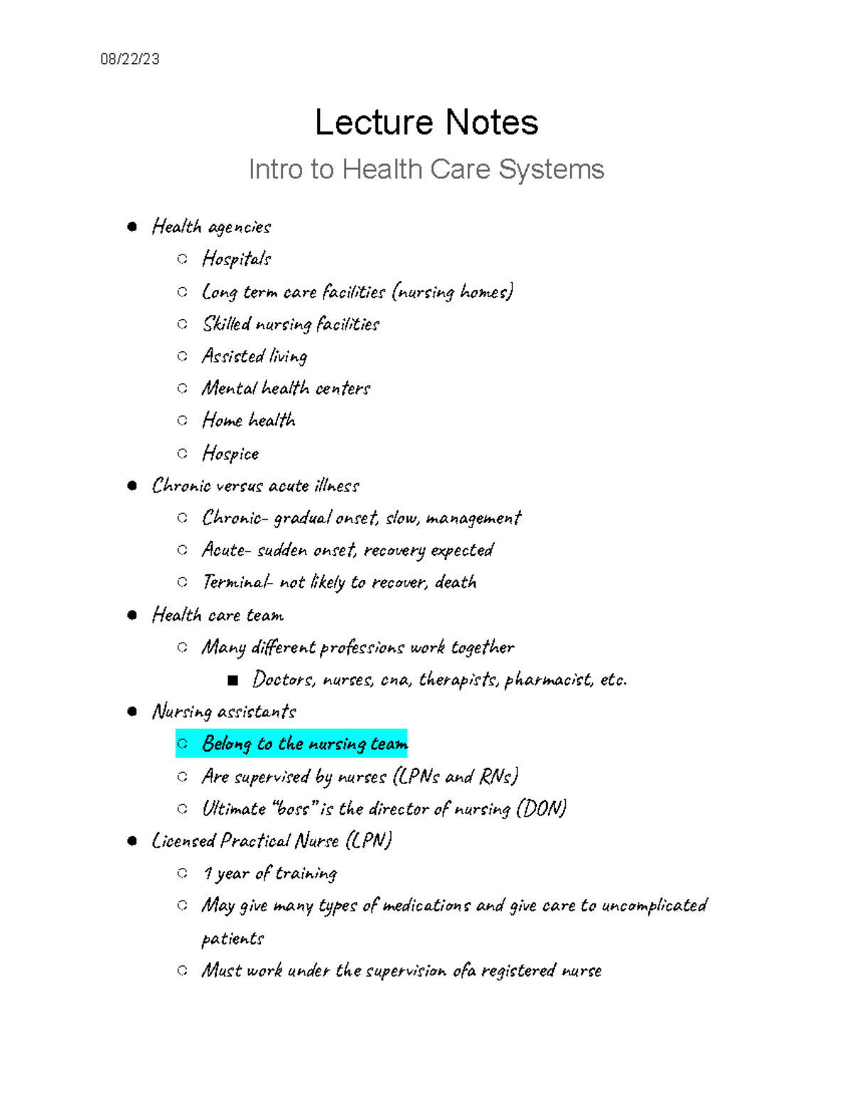 Intro to Health Care Lecture Notes - 08/22/ Lecture Notes Intro to ...