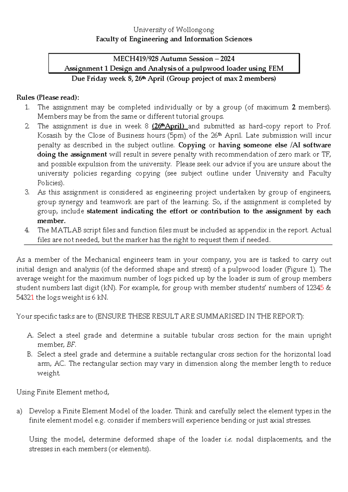 MECH419 928 Assignment 1 2024 - University of Wollongong Faculty of Engineering and Information ...